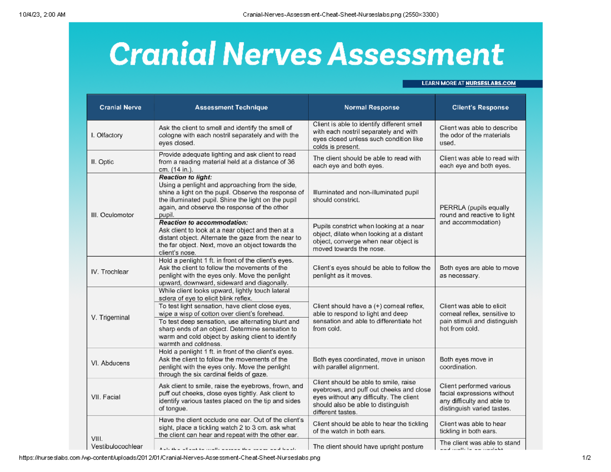 Cranial Nerves Assessment Cheat Sheet Nurseslabs - NURS 333 - 10/4/23 ...