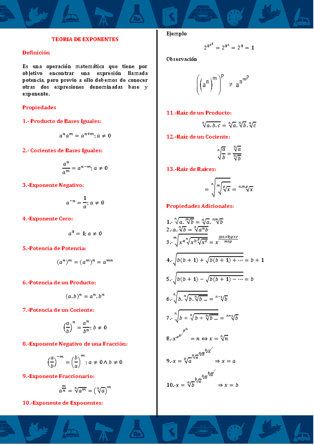 Primera ficha - TEORIA DE EXPONENTES Definición Es una operación ...