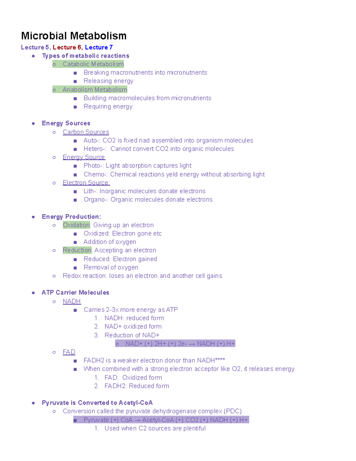 M122 Notes Lecture 5,6,7 - Microbial Metabolism Lecture 5, Lecture 6 ...