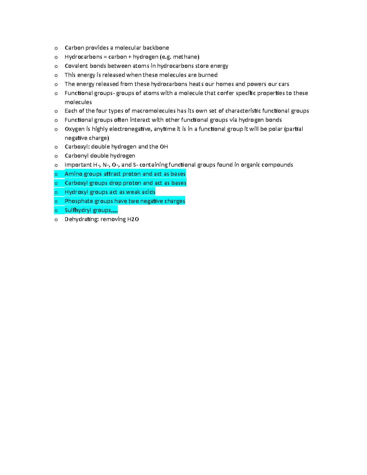 Week 2 - week 2 notes - o Carbon provides a molecular backbone o ...
