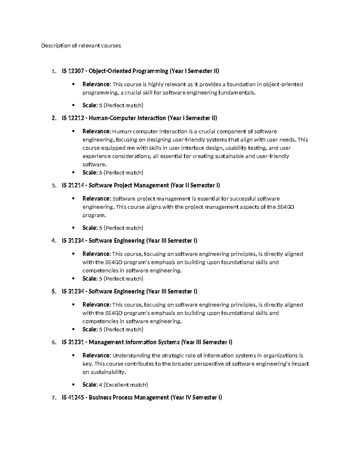 Description of relevant courses - IS 12307 - Object-Oriented ...