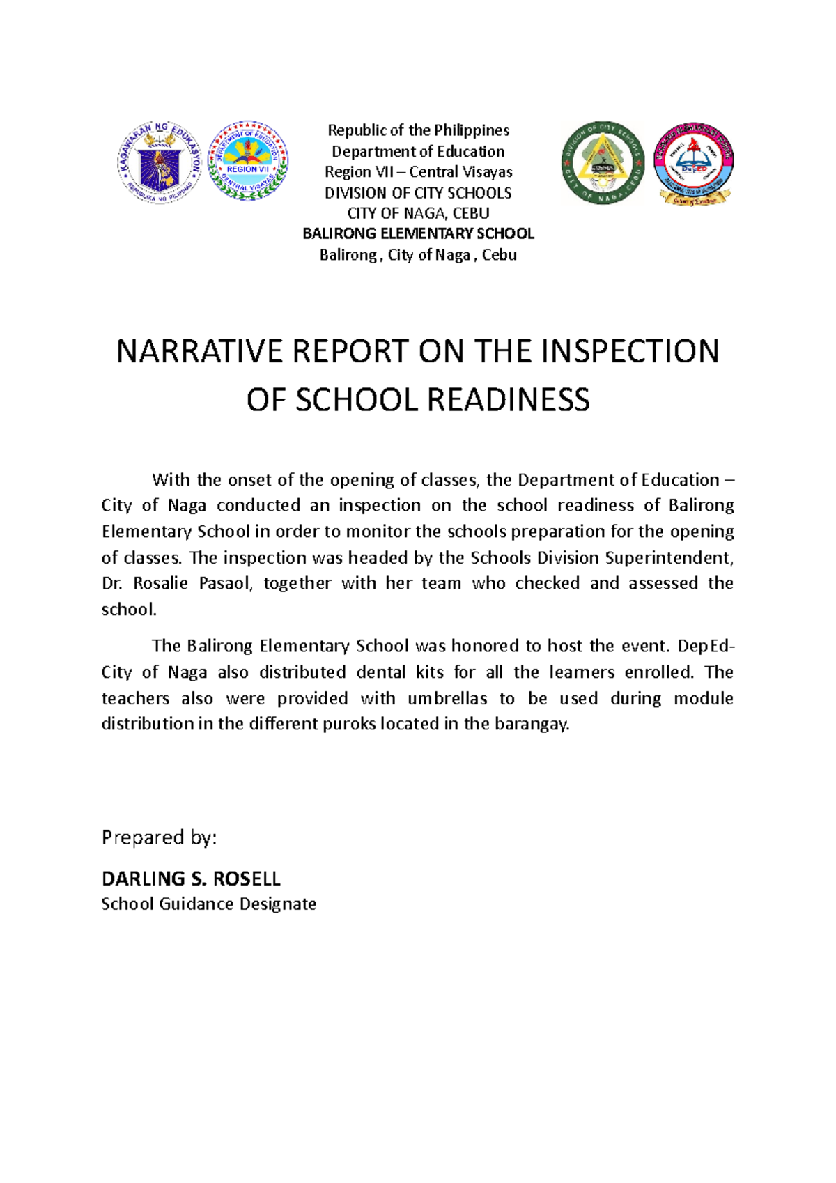 Narrative school readiness - Republic of the Philippines Department of ...