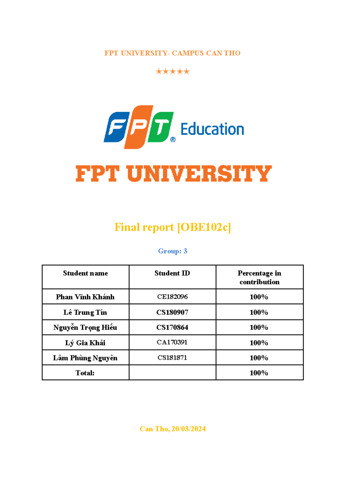 G3 TM1801 GA OBE102c - FPT UNIVERSITY- CAMPUS CAN THO ★★★★★ Final ...
