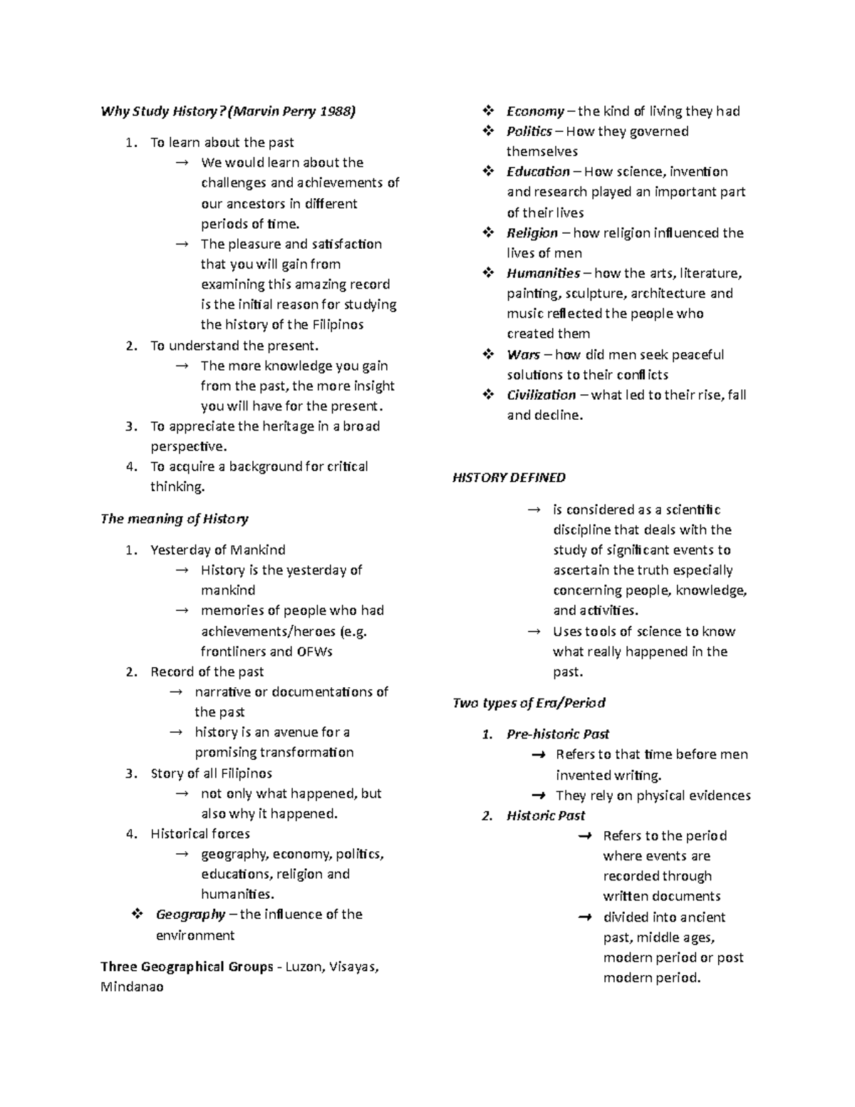 Notes - nothing - Why Study History? (Marvin Perry 1988) To learn about ...