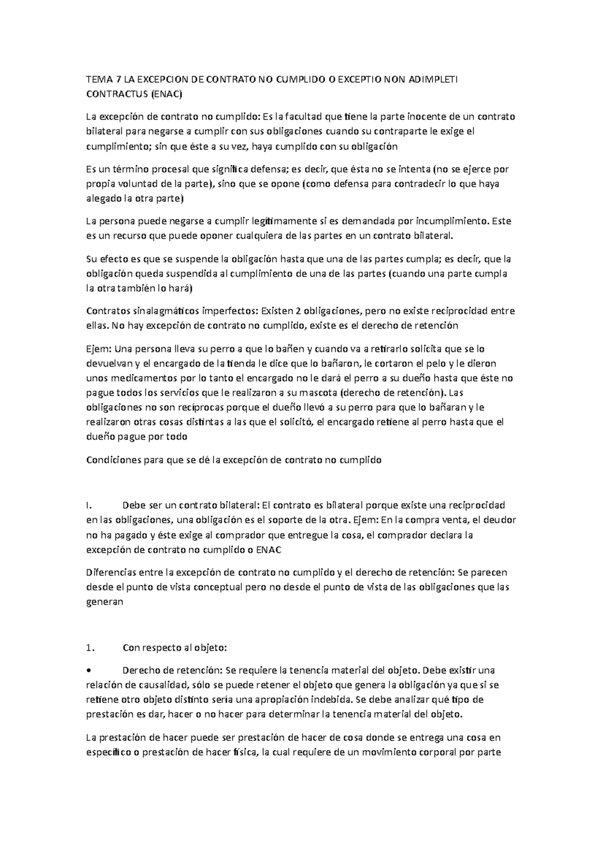 TEMA 7 LA Excepcion DE Contrato NO Cumplido O Exceptio NON Adimpleti ...