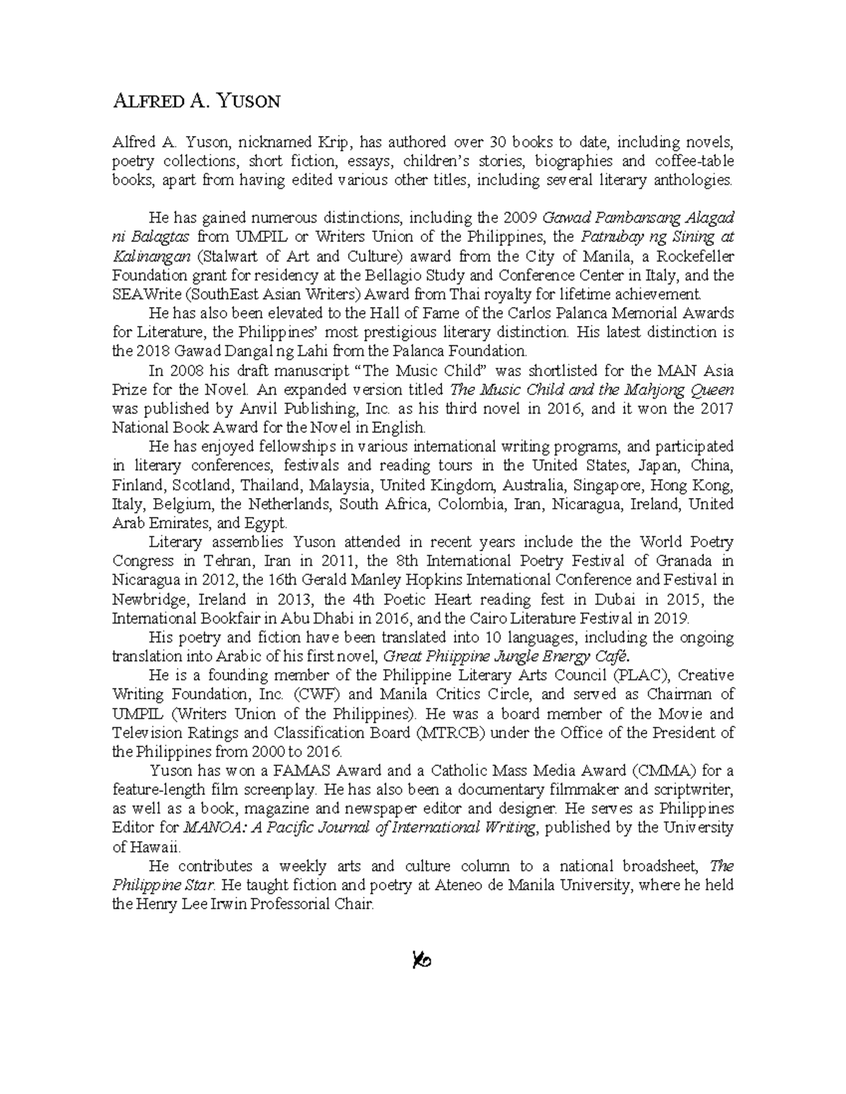 Alfred-Yuson - biography - A LFRED A. Y USON Alfred A. Yuson, nicknamed ...