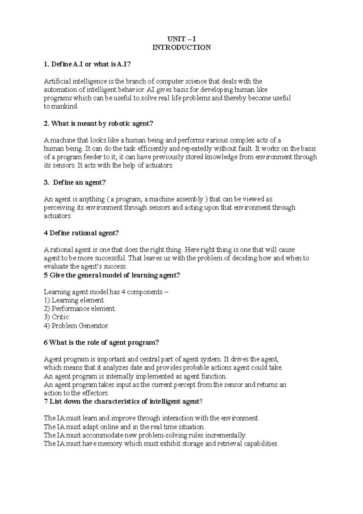 Unit 1 qb - ai notes - UNIT – I INTRODUCTION Define A or what is A ...