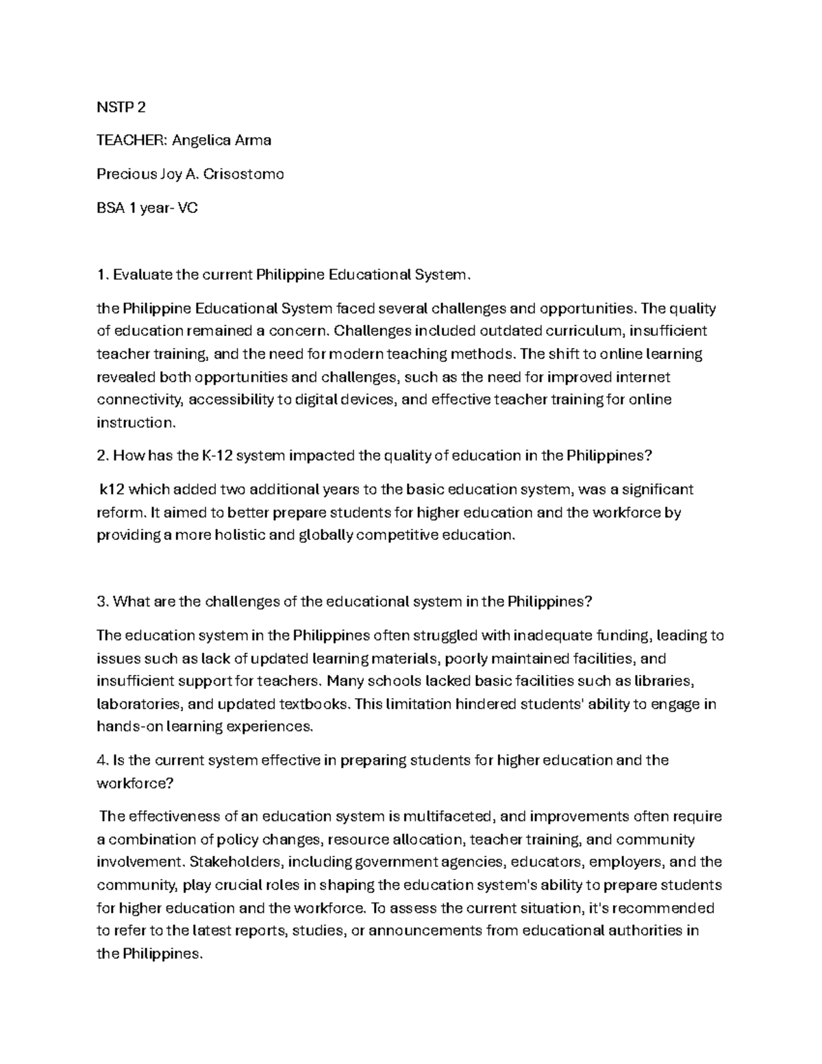 NSTP 2 - nstp 2 - NSTP 2 TEACHER: Angelica Arma Precious Joy A ...