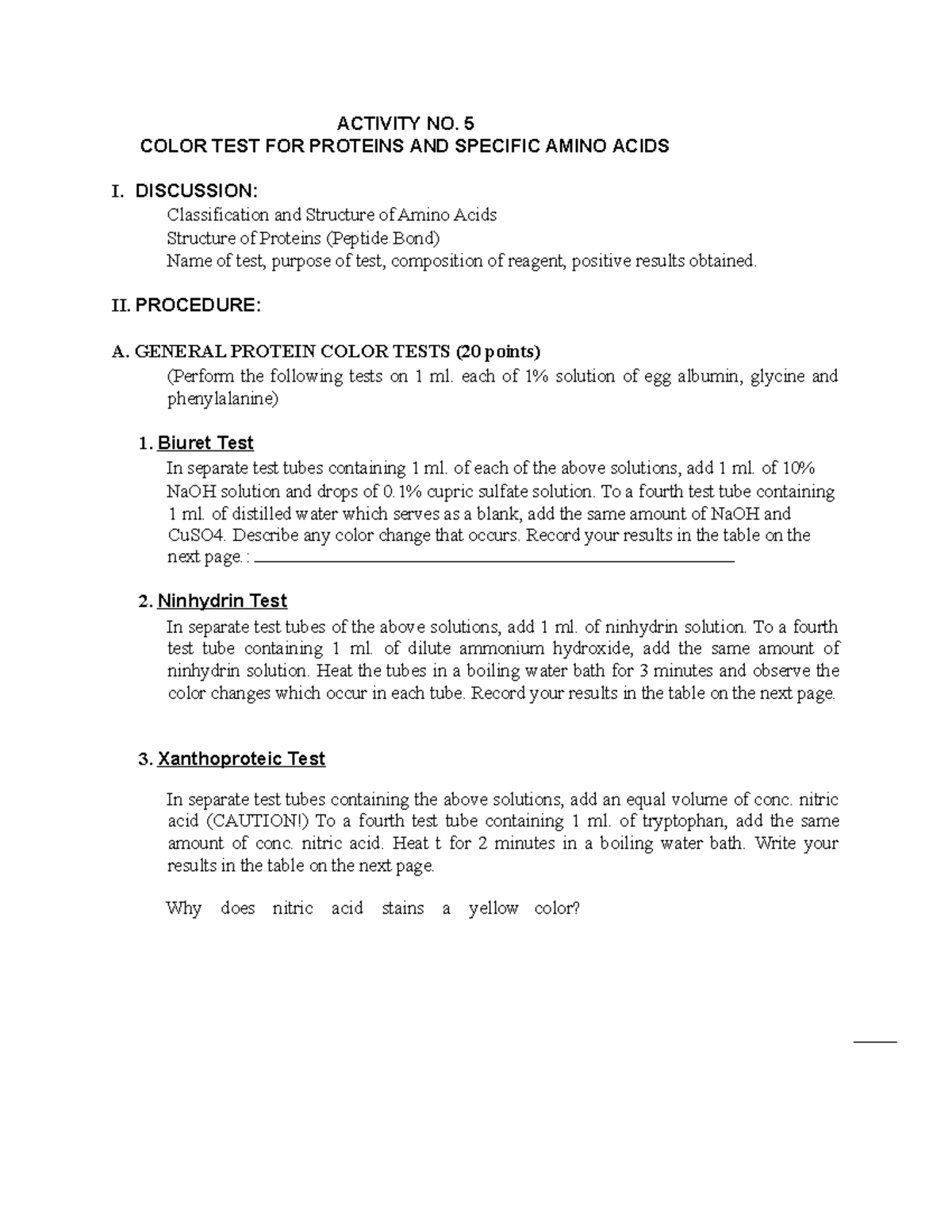 Biochemlab act5 - ACTIVITY NO. 5 COLOR TEST FOR PROTEINS AND SPECIFIC ...