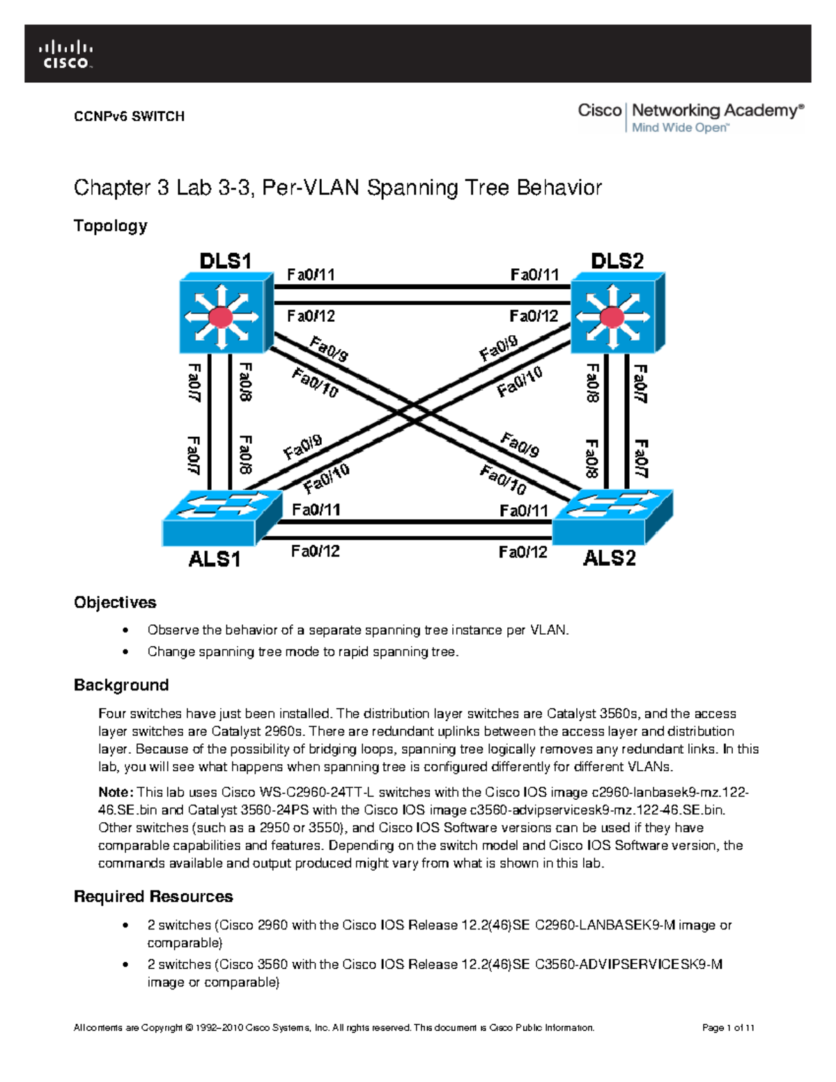CCNPv 6 Switch Lab3-3 PVST Student Form - Chapter 3 Lab 3-3, Per-VLAN Spanning Tree Behavior ...