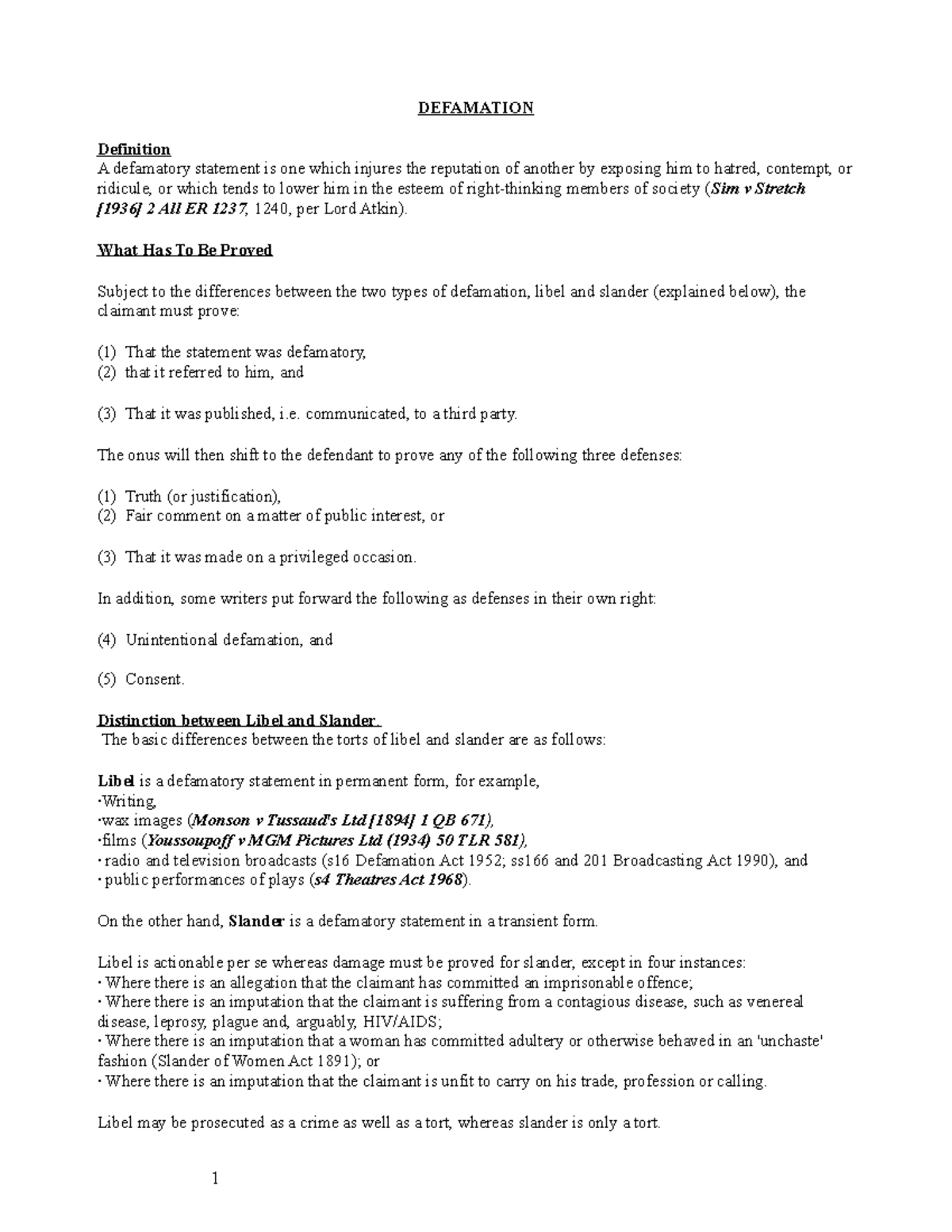 Defamation notes summaries - Law of tort and negligence - UCU - Studocu