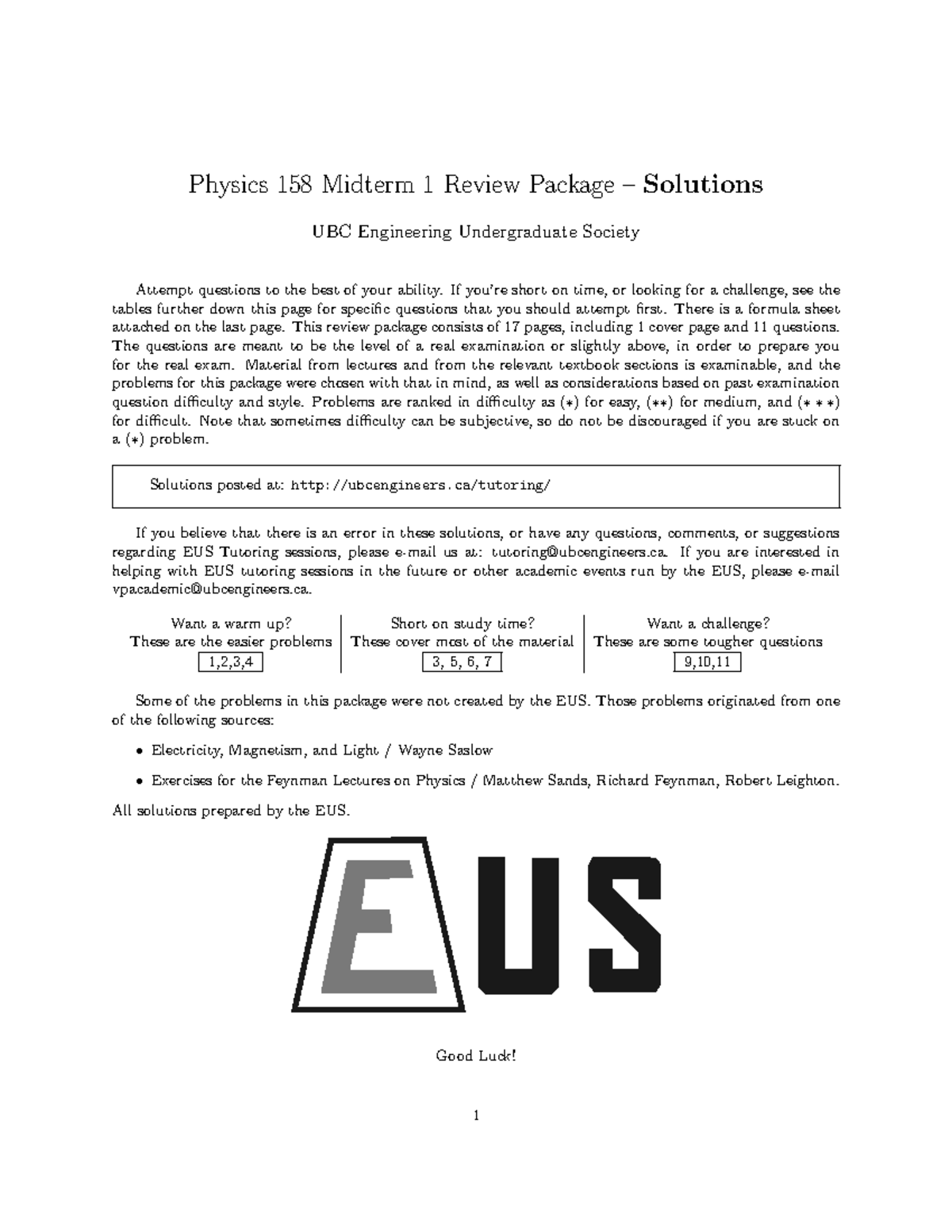 Midterm 1 practice exam, answers - Physics 158 Midterm 1 Review Package ...