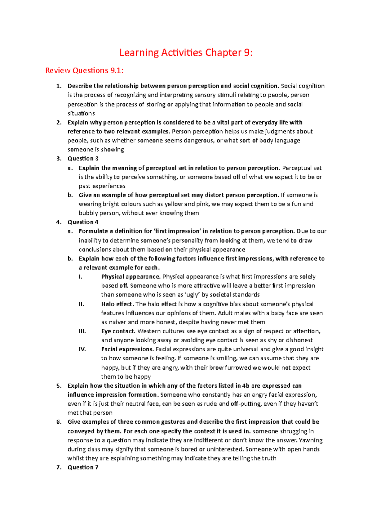 Learning Activities Chapter 9 - Social cognition is the process of ...