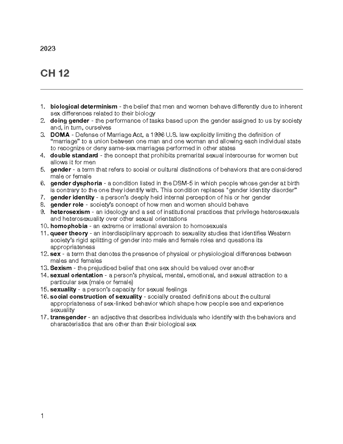 CH 12 Key Terms - 2023 CH 12 biological determinism - the belief that ...