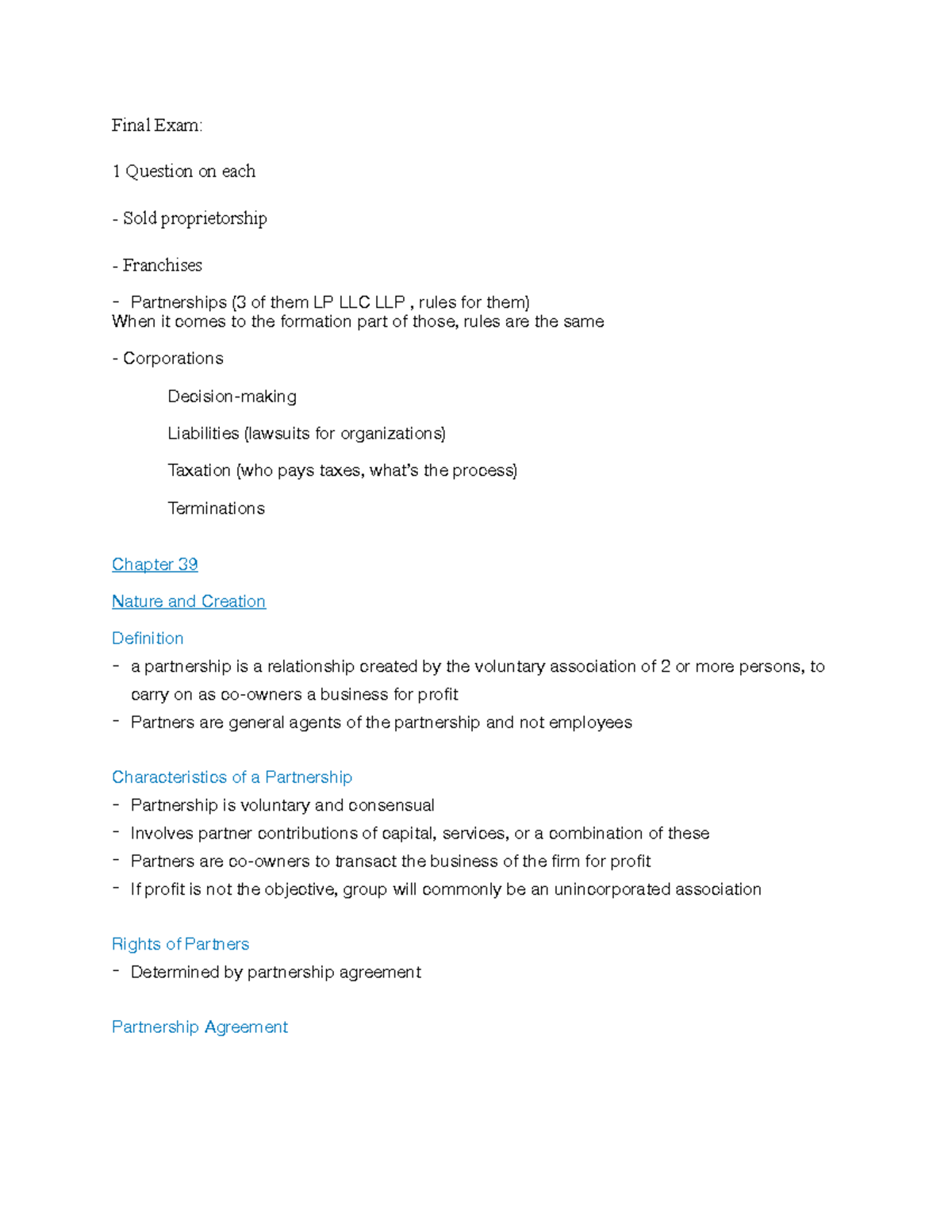 Bl 201 Chapter 39 Lecture Notes Final Exam 1 Question On Each Sold Proprietorship