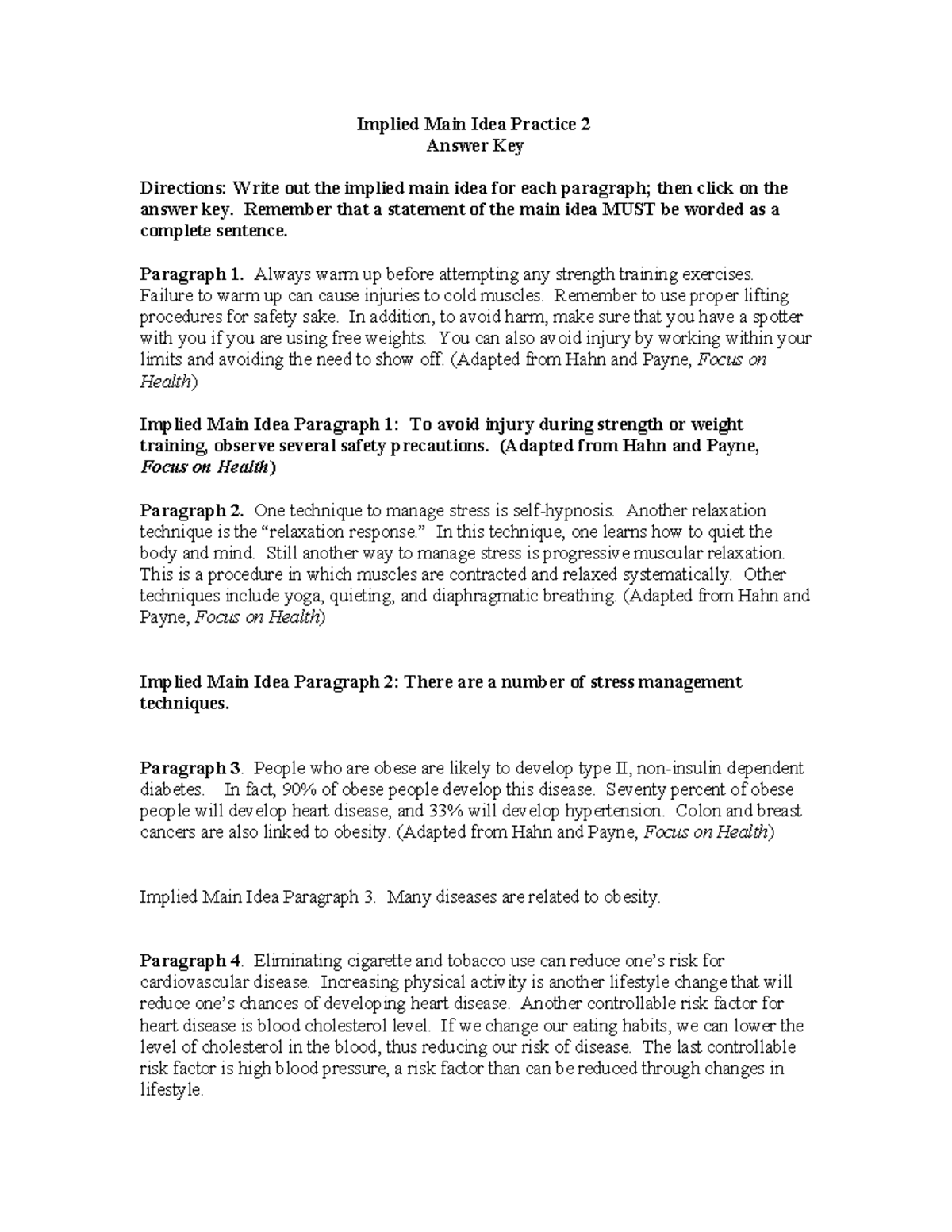 ELC501 Answer Implied Main Idea Practice 2 - Implied Main Idea Practice 2 Answer Key Directions ...