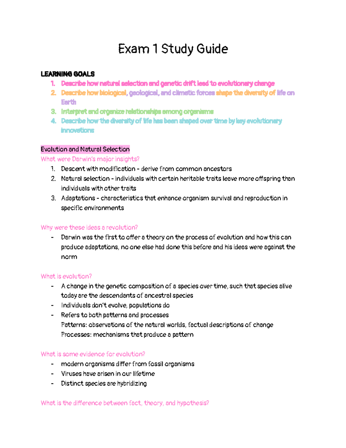 Derek Sweeney - Exam 1 Study Guide - Exam 1 Study Guide LEARNING GOALS ...