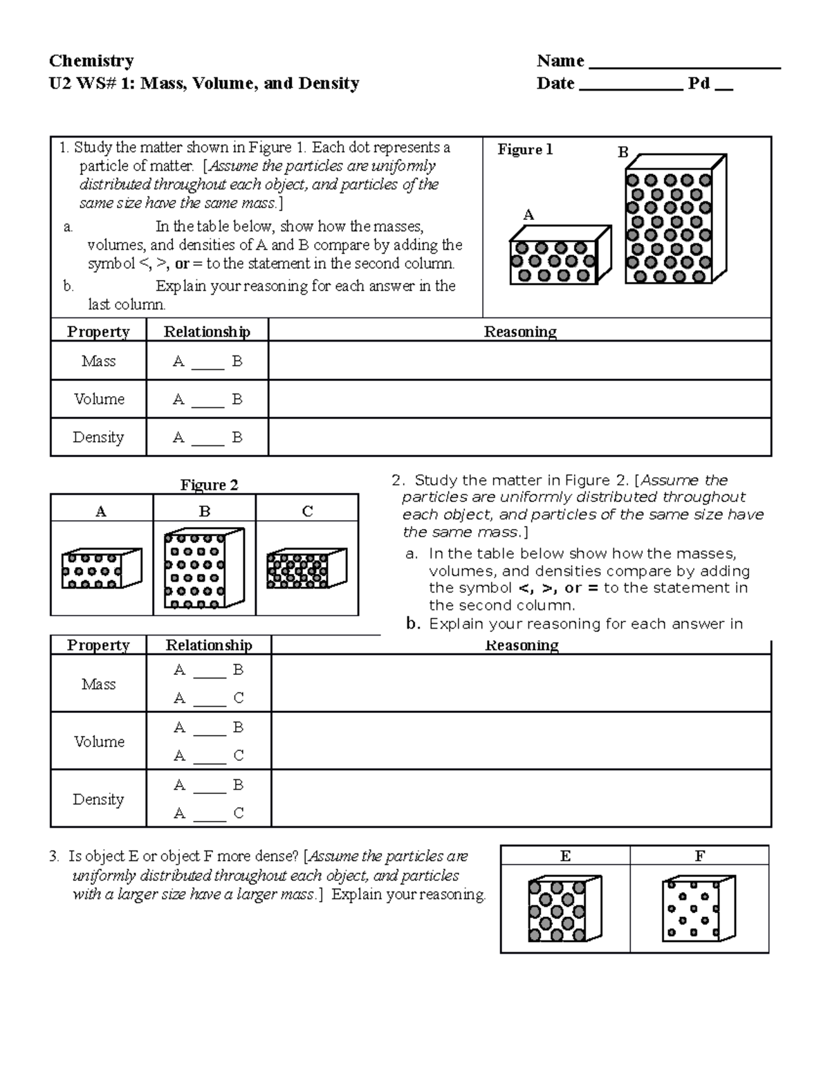 02-ws1 Density - Worksheet in summary of Unit 1. - Chemistry Name U2 WS ...