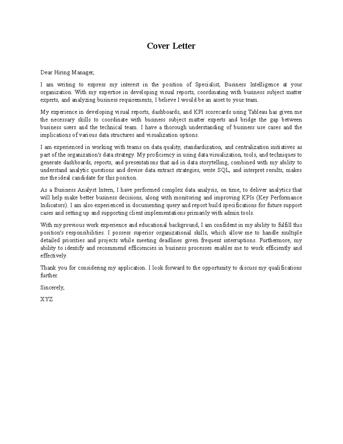 Cover Letter - Essay - Cover Letter Dear Hiring Manager, I am writing ...