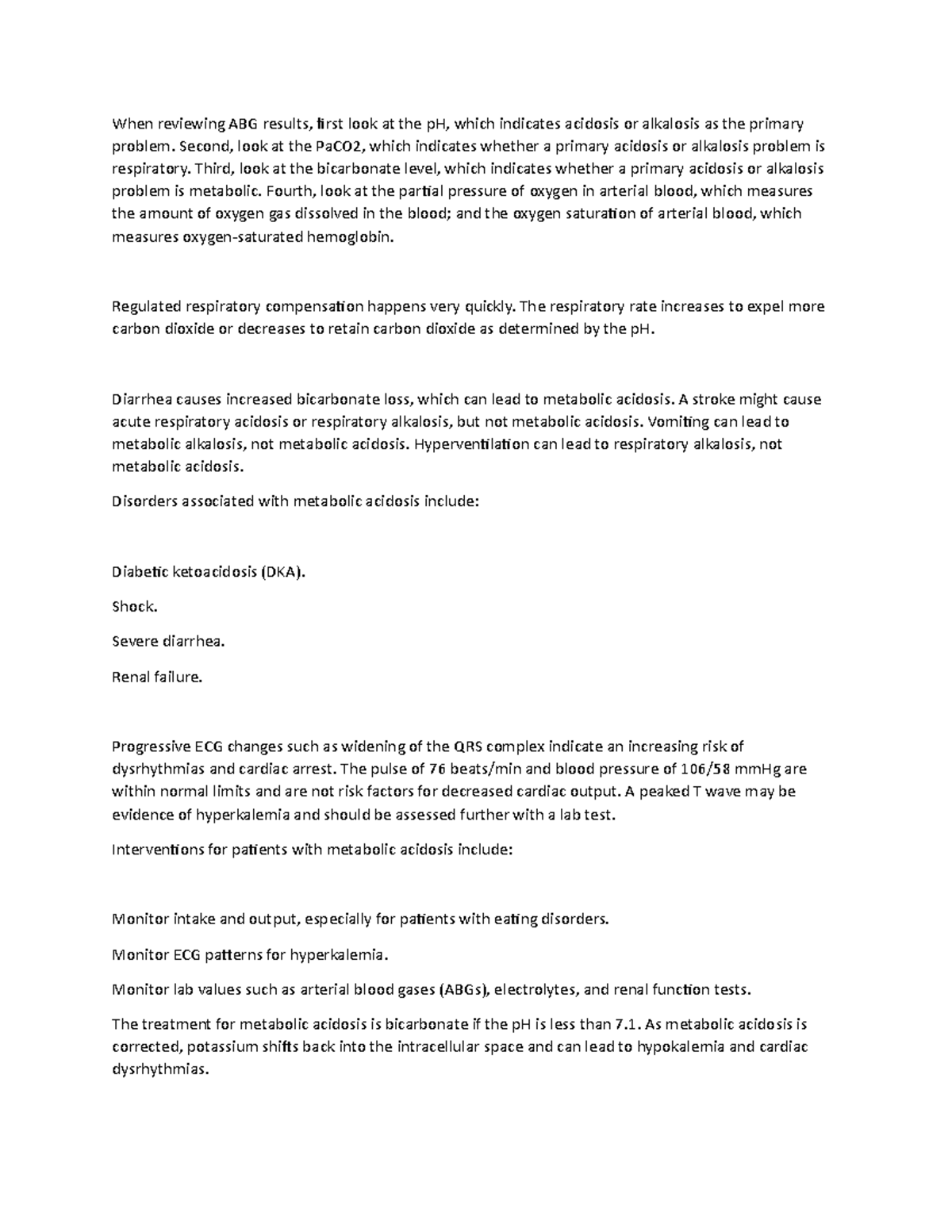 Acid base 1 - notes - When reviewing ABG results, first look at the pH ...