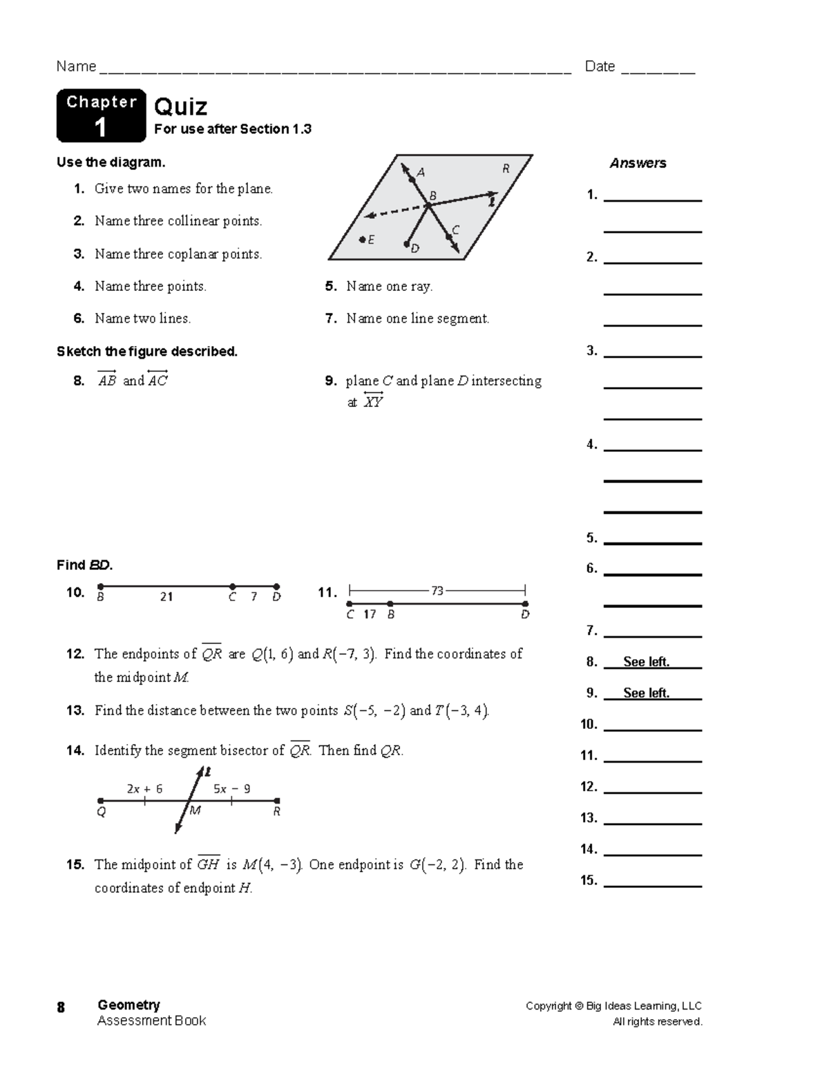 Geo Assessment Ch 1 quiz Geometry Copyright Big Ideas Learning LLC