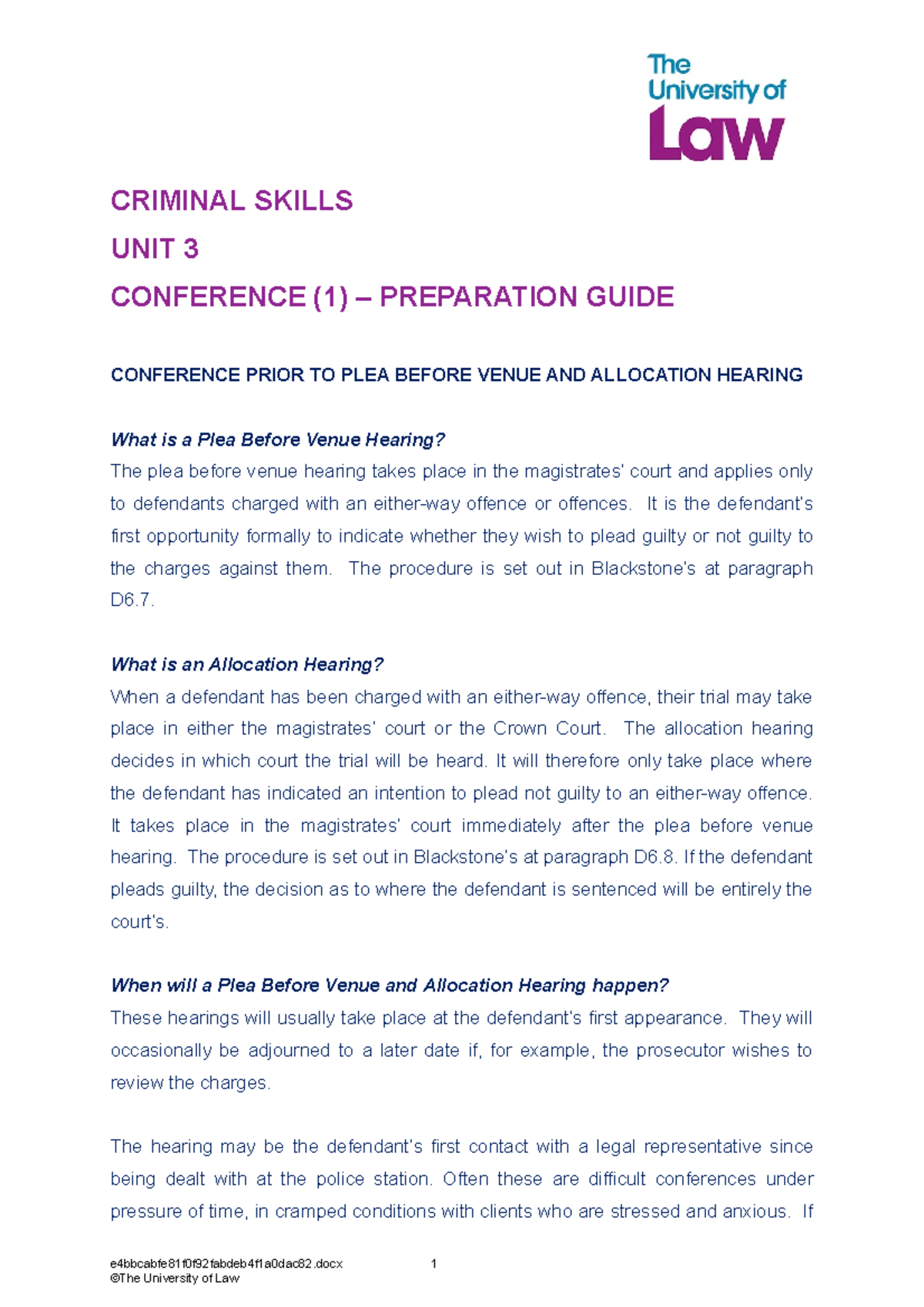 Plea before venue preparation guide - CRIMINAL SKILLS UNIT 3 CONFERENCE ...
