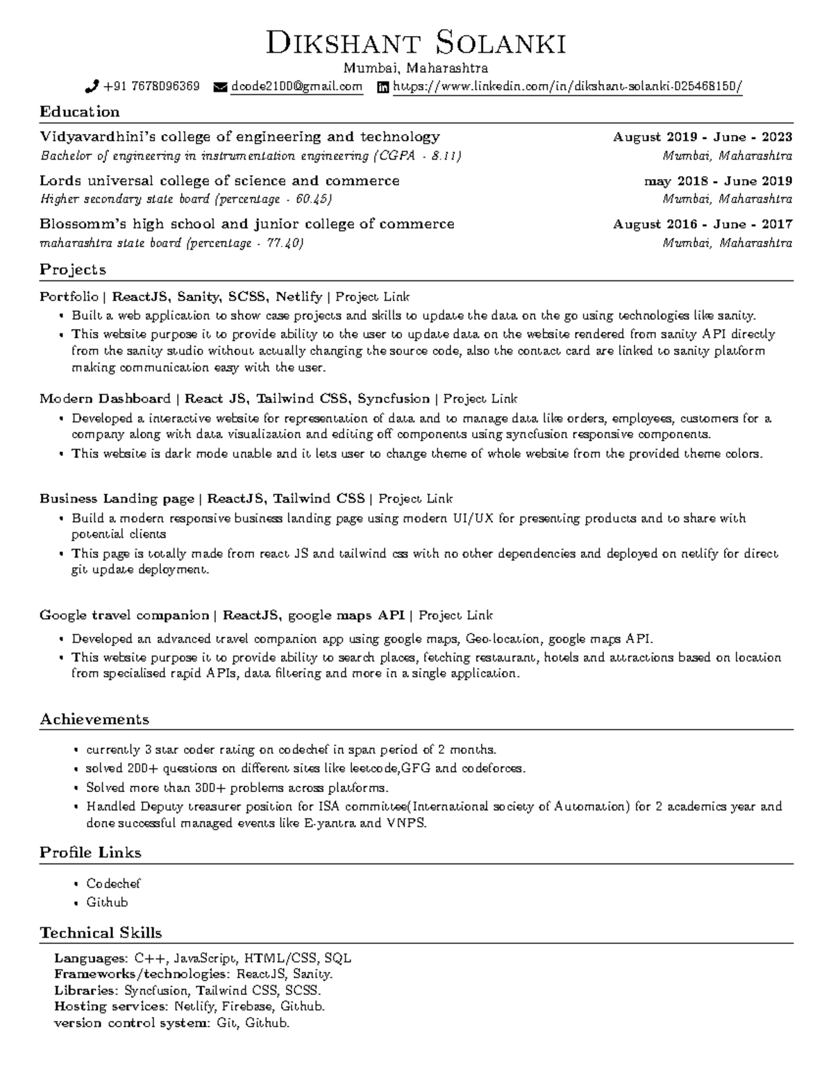 Dikshant Solanki Resume - Dikshant Solanki Mumbai, Maharashtra +91 ...