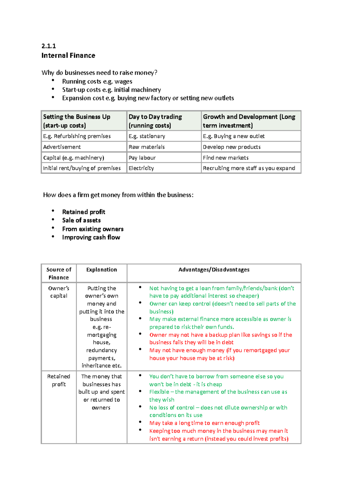 Business A level Theme 2 2.1 notes - 2. Internal Finance Why do ...