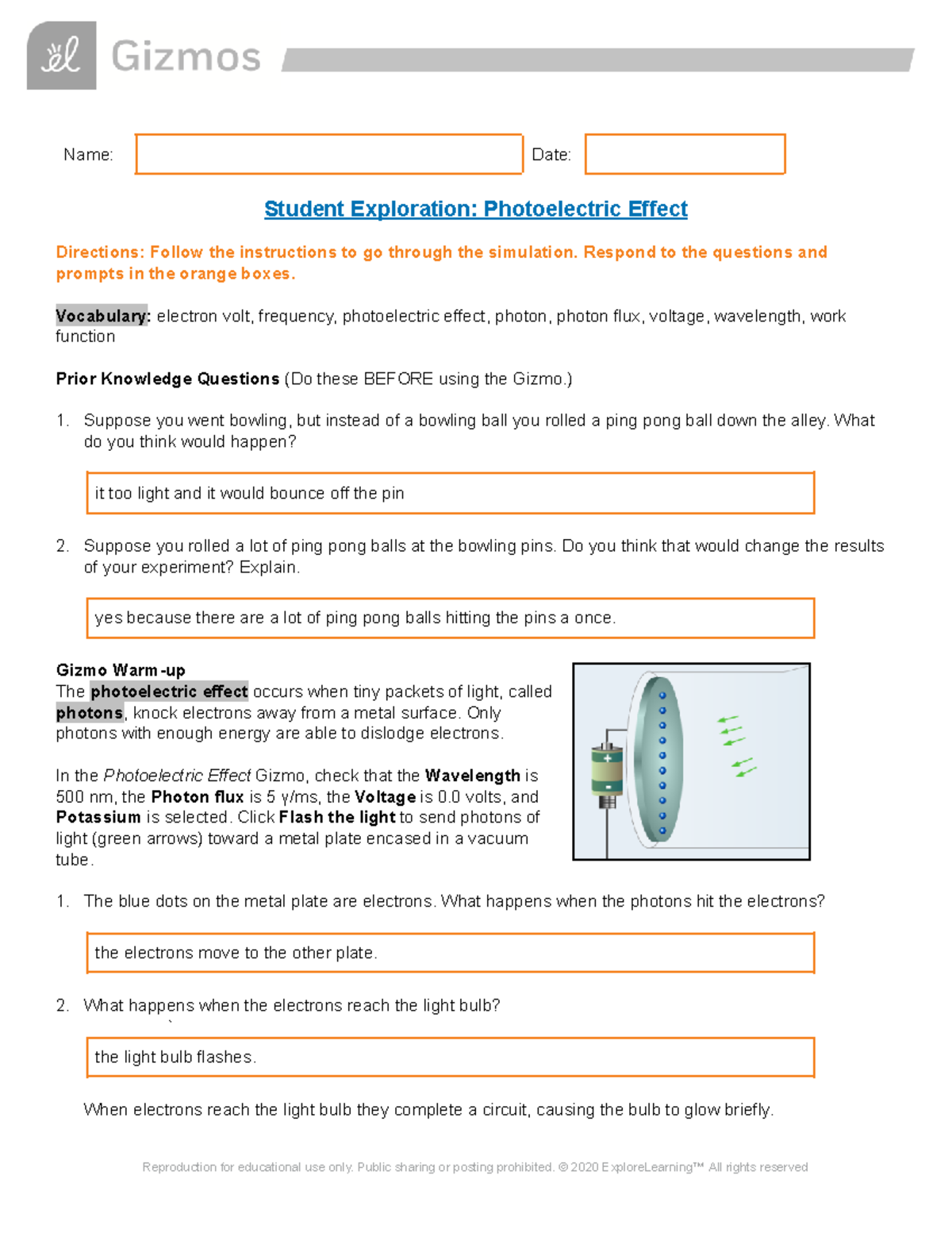 Photoelectric Effect Gizmo student sheet - 11982265 - Name: Date ...