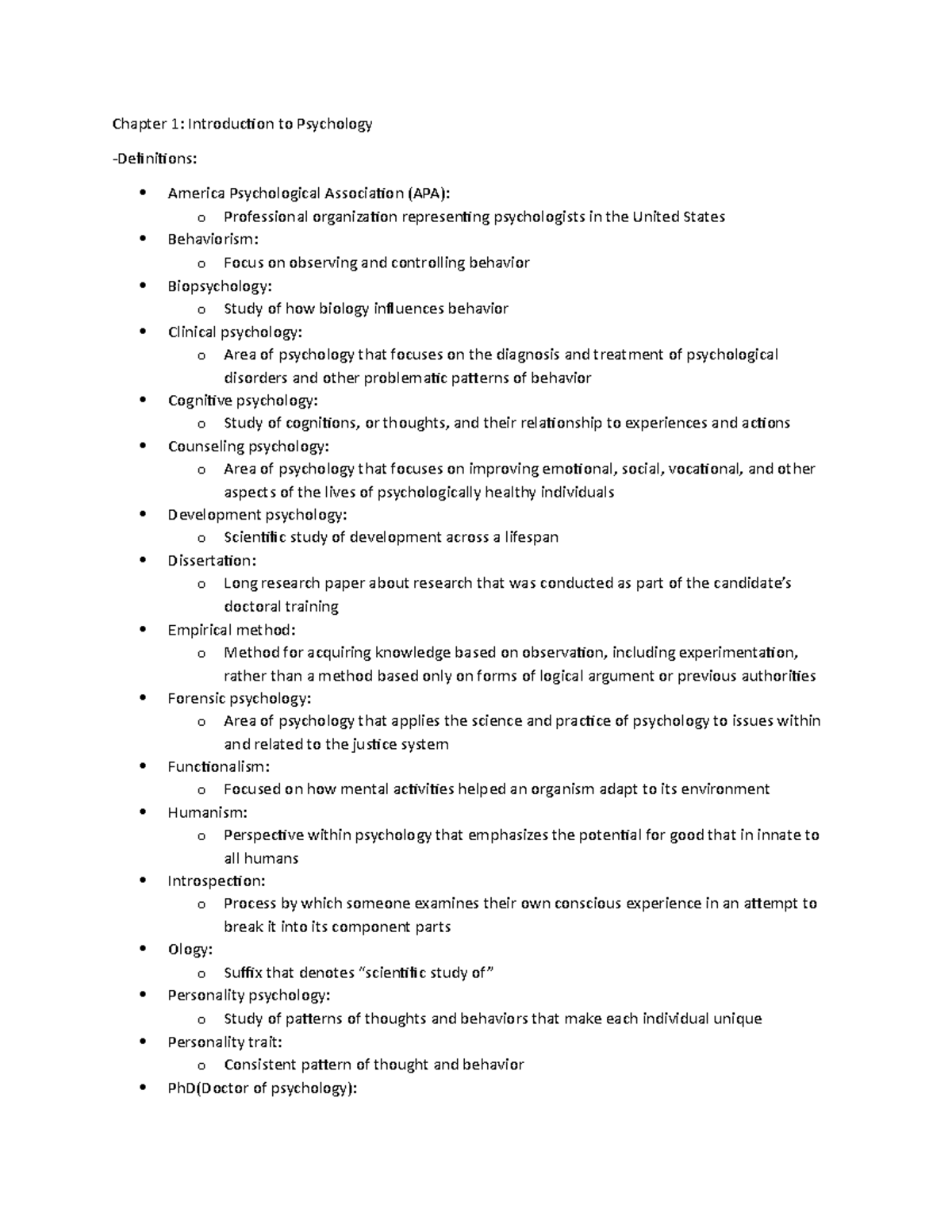 Chapter 1 - n/a - Chapter 1: Introduction to Psychology -Definitions ...