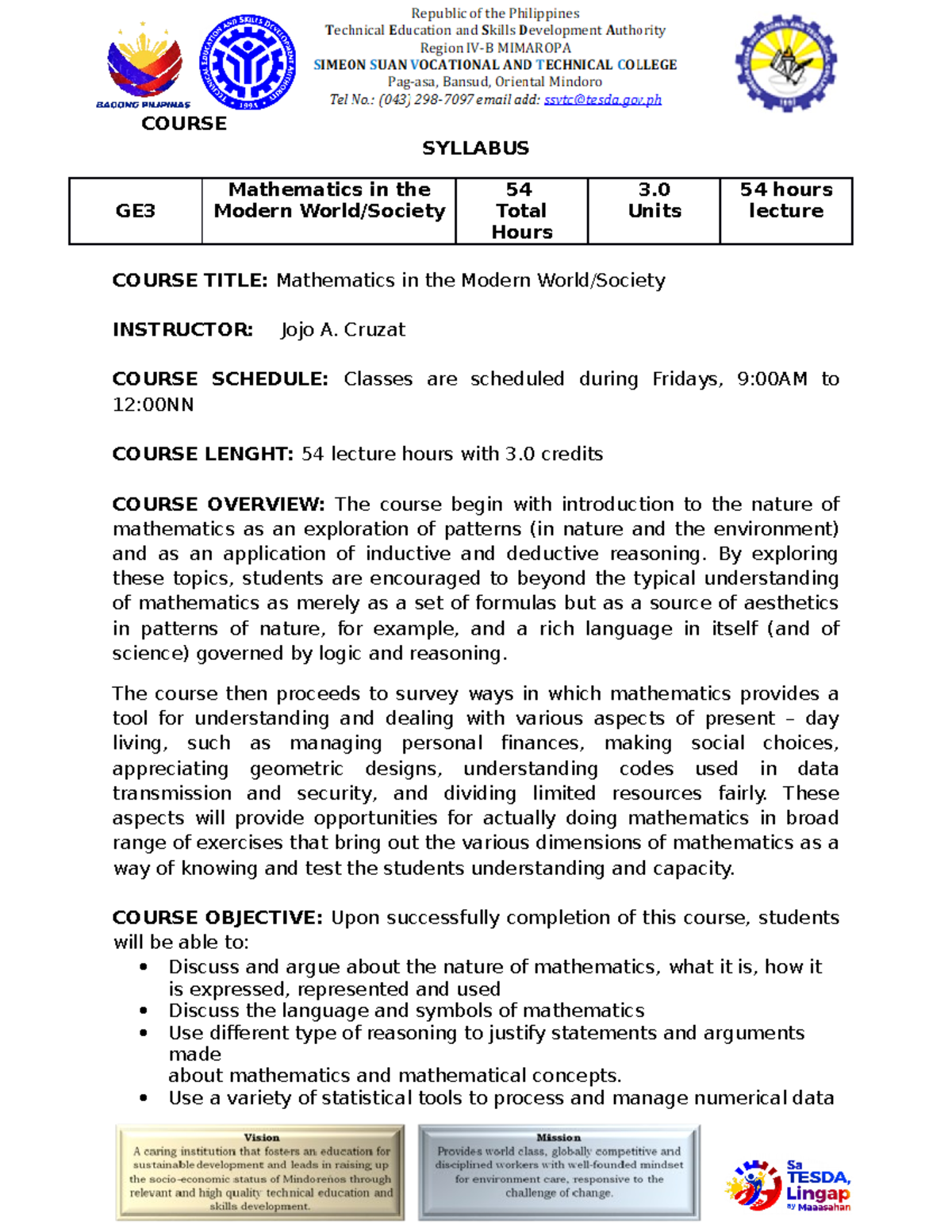 Mathematics Syllabus - COURSE SYLLABUS GE Mathematics in the Modern ...