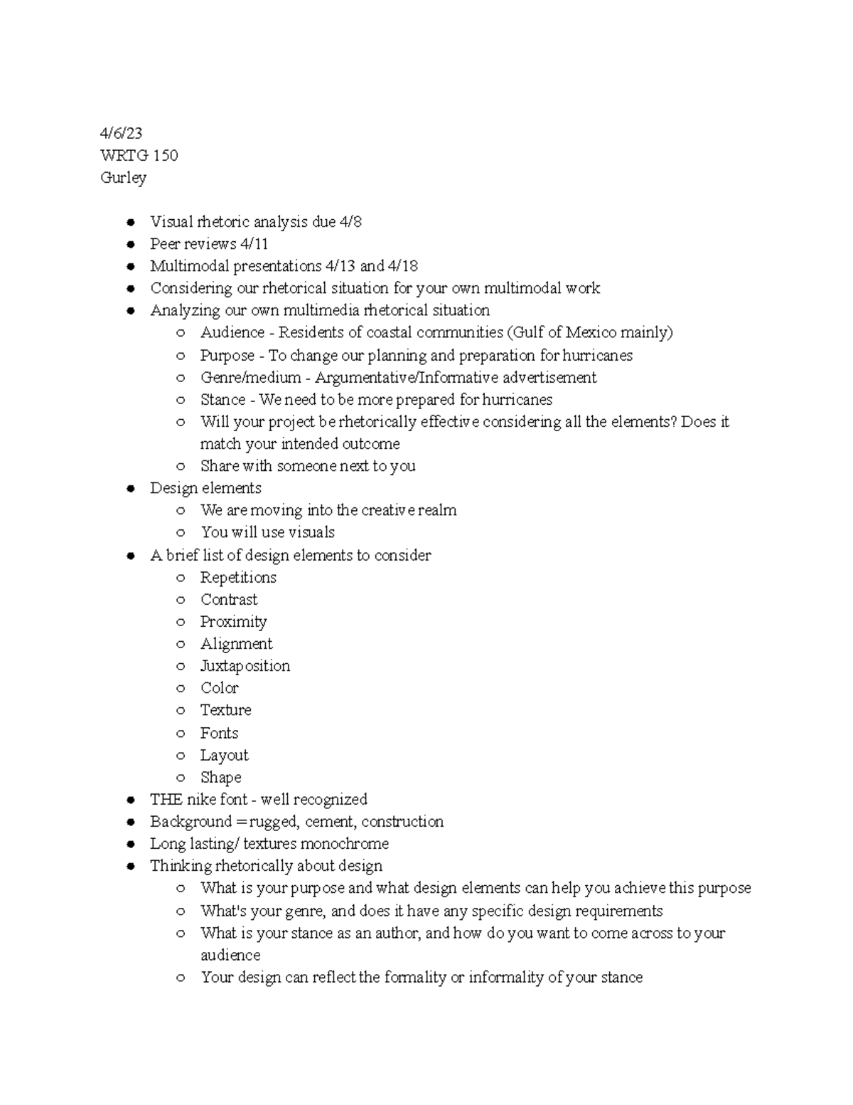 WRTG 150 Lecture 4/6/23 - 4/6/ WRTG 150 Gurley Visual rhetoric analysis ...