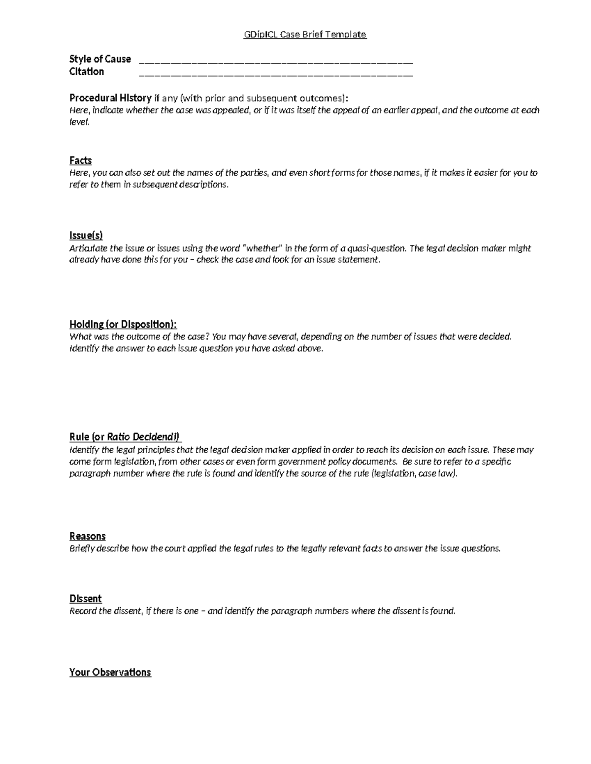 Case Brief Template - GDipICL Case Brief Template Style of Cause - Studocu