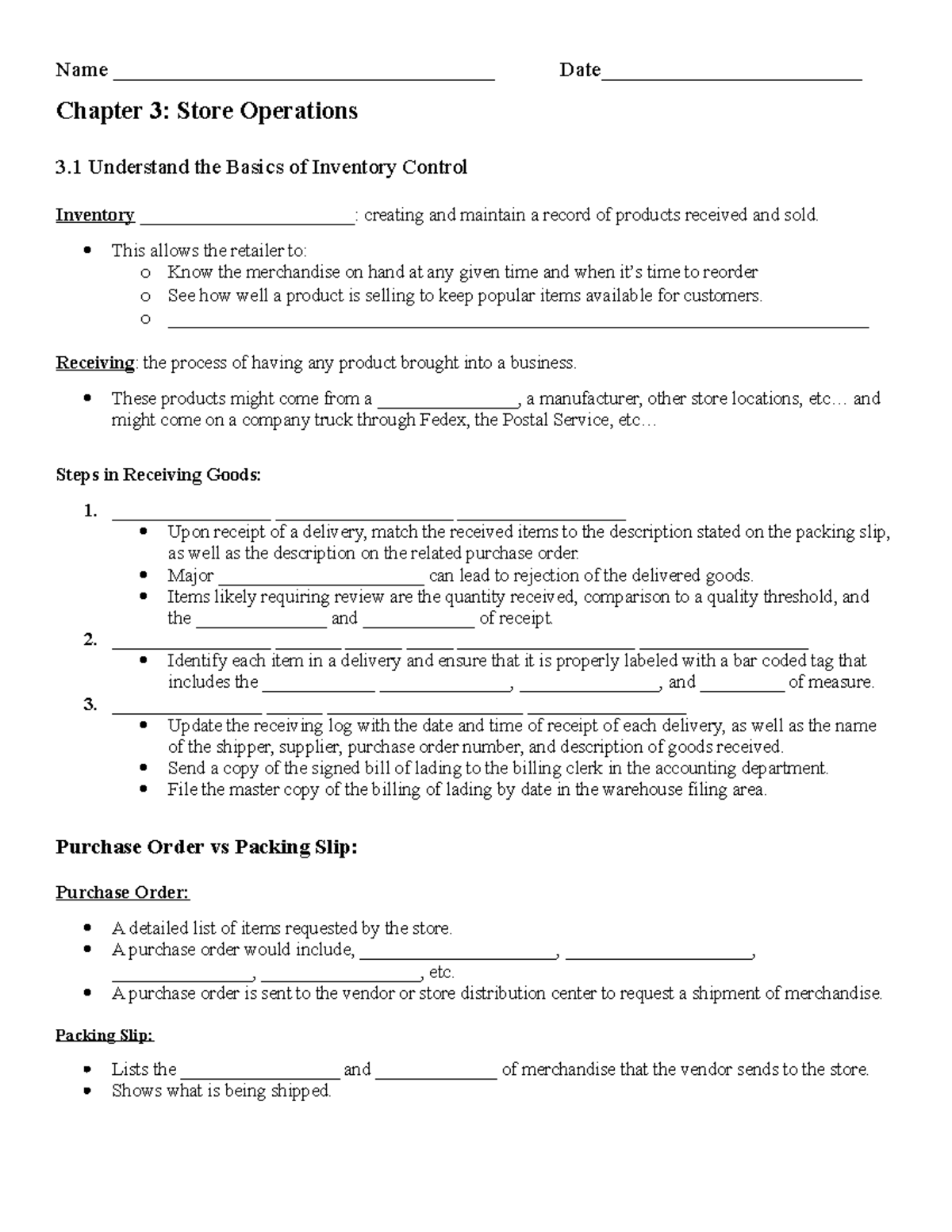 Chapter 3 packet - Name Chapter 3: Store Operations 3 Understand the ...