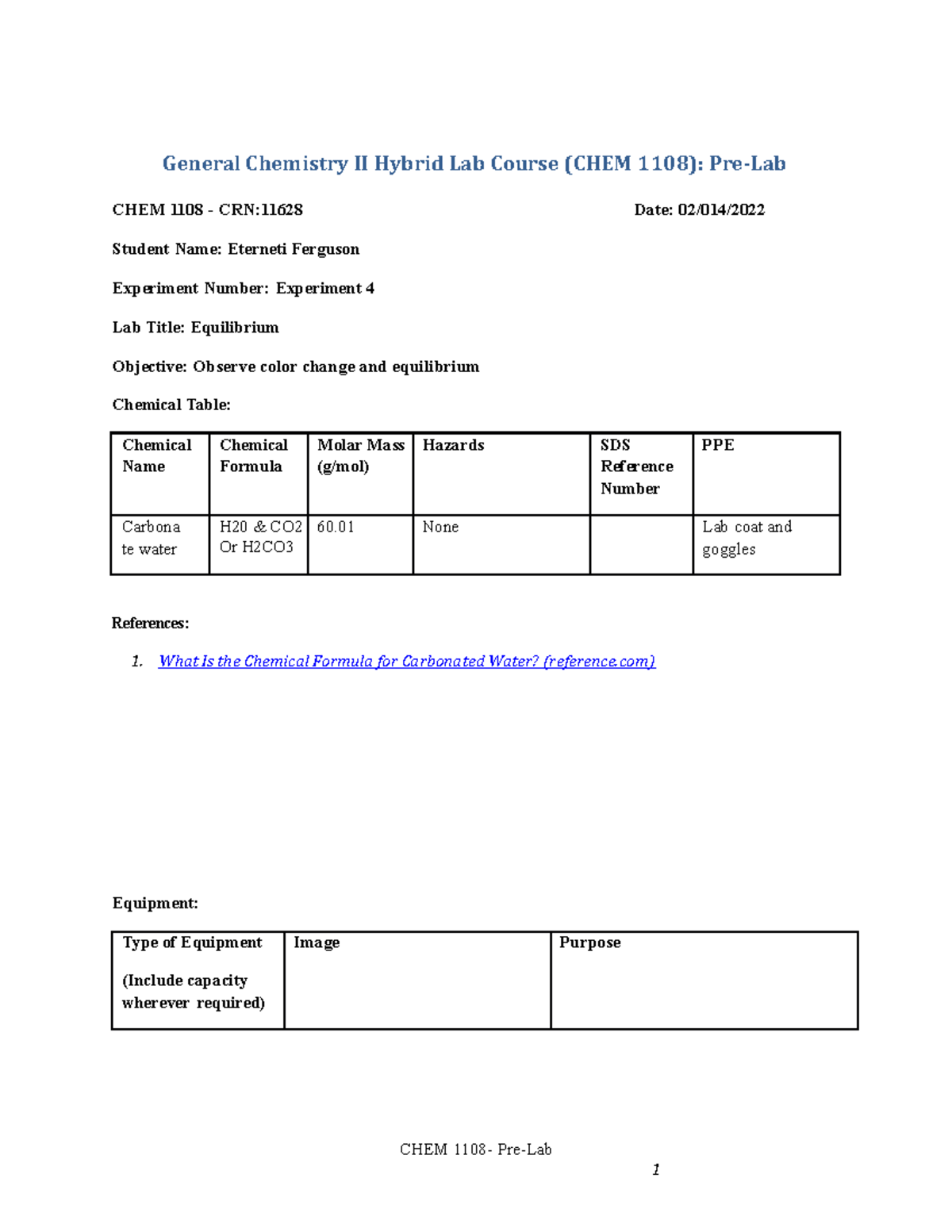 General Chemistry II Hybrid Lab Course (CHEM 1108): Experiment 4 - Equilibrium - Studocu