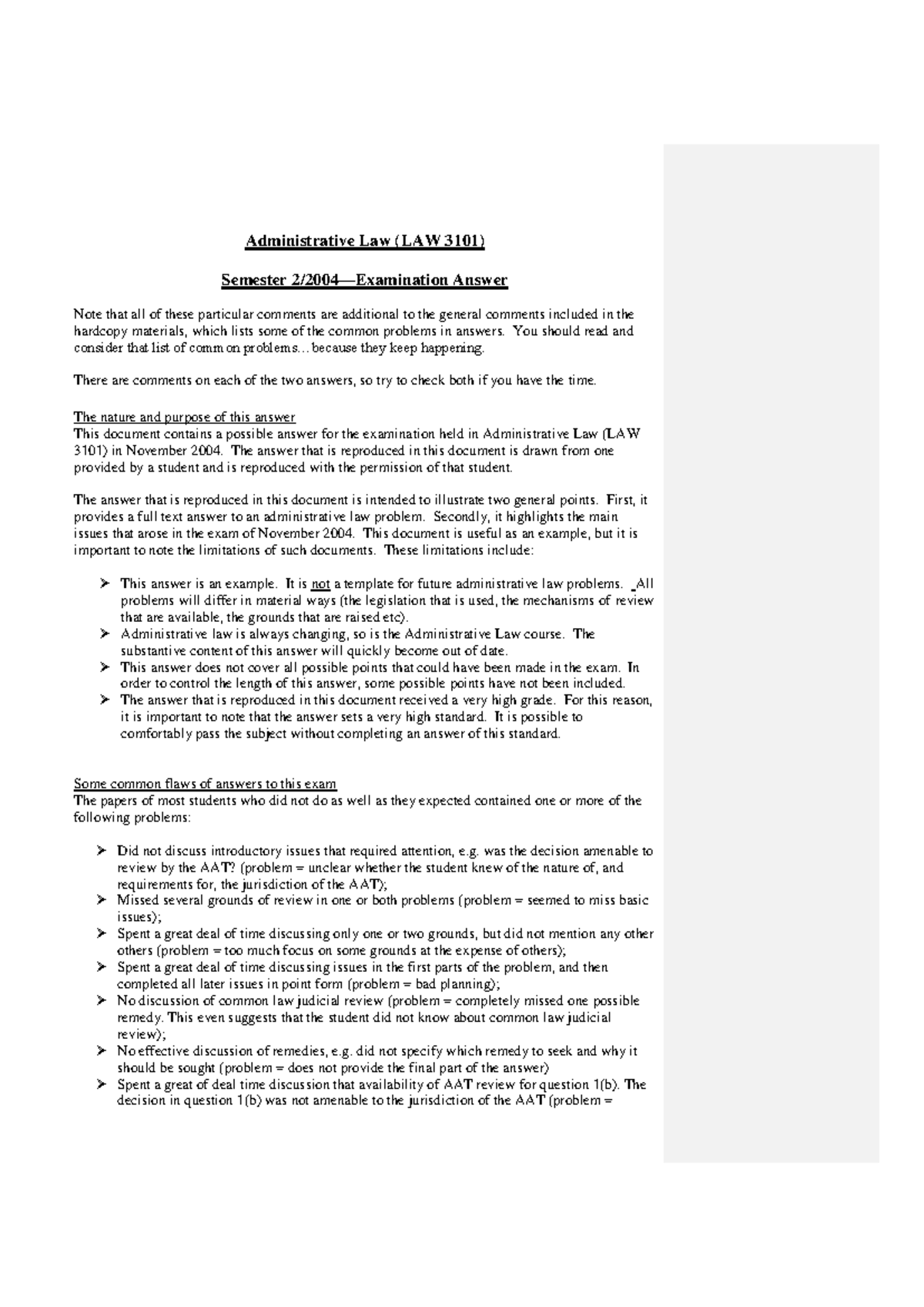 2004 S2 - Answer Guide - Administrative Law (LAW 3101) Semester 2/2004 ...