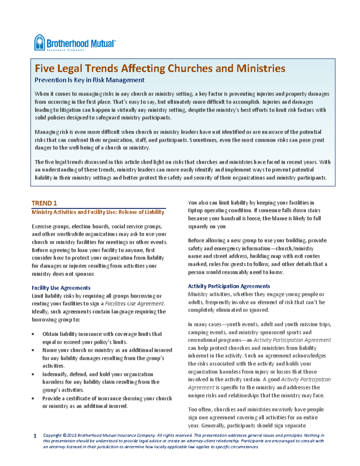 Five Legal Trends - Informative - 1 Copyright ©2013 Brotherhood Mutual ...