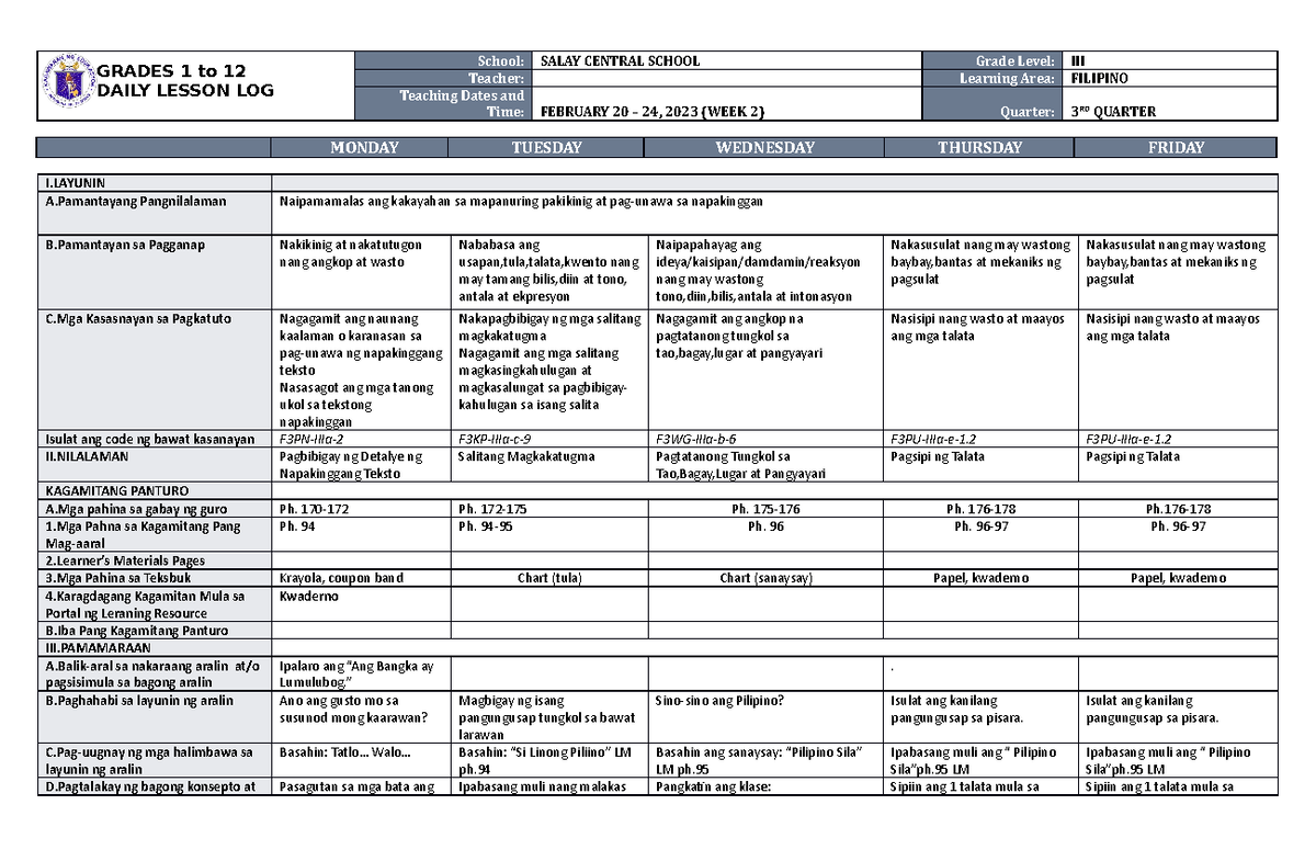 DLL Filipino 3 Q3 W2 - DLL - GRADES 1 to 12 DAILY LESSON LOG School ...