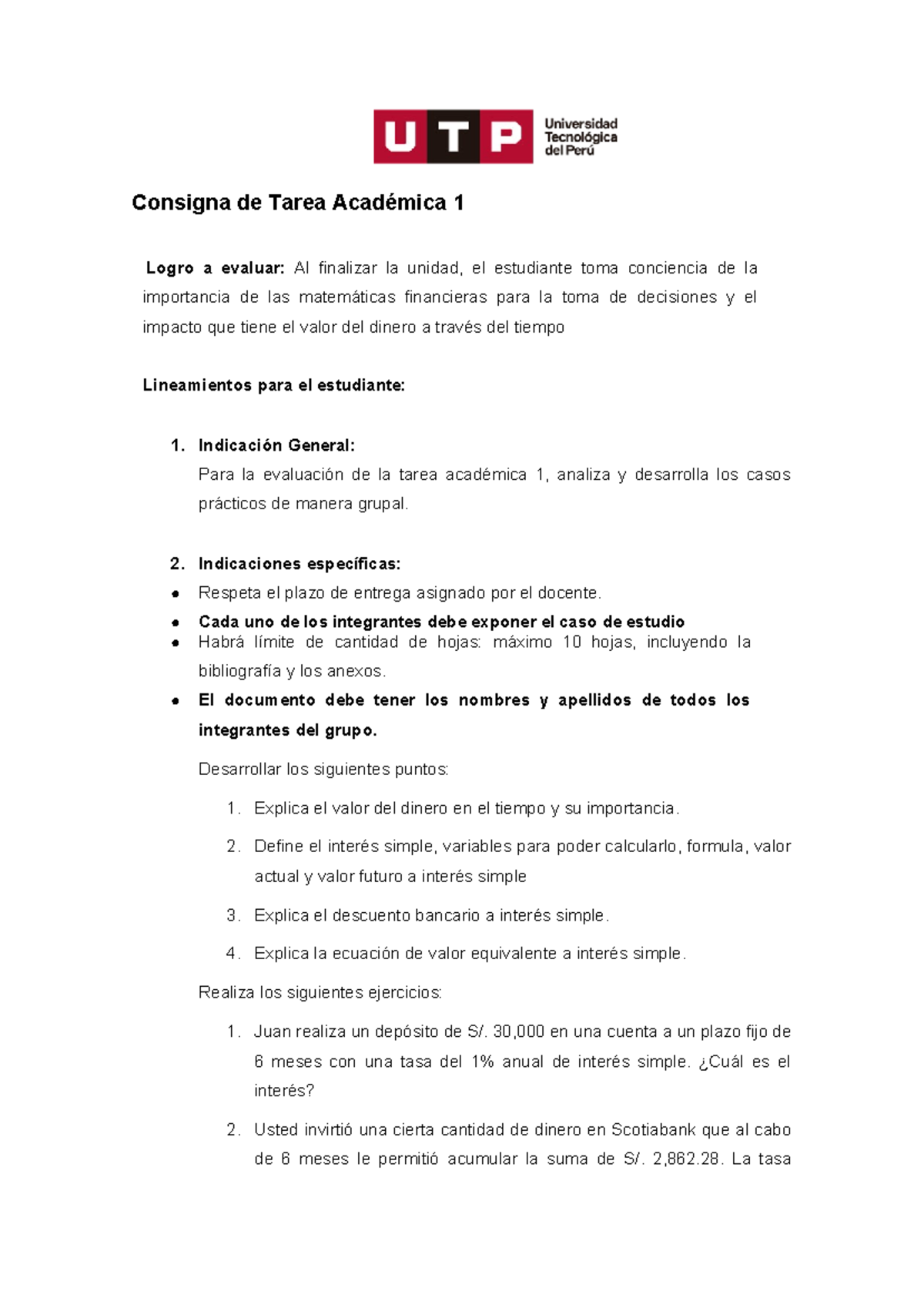 TA1 INDIcaciones - finanzas aplicadas - Consigna de Tarea Académica 1 Logro a evaluar: Al ...