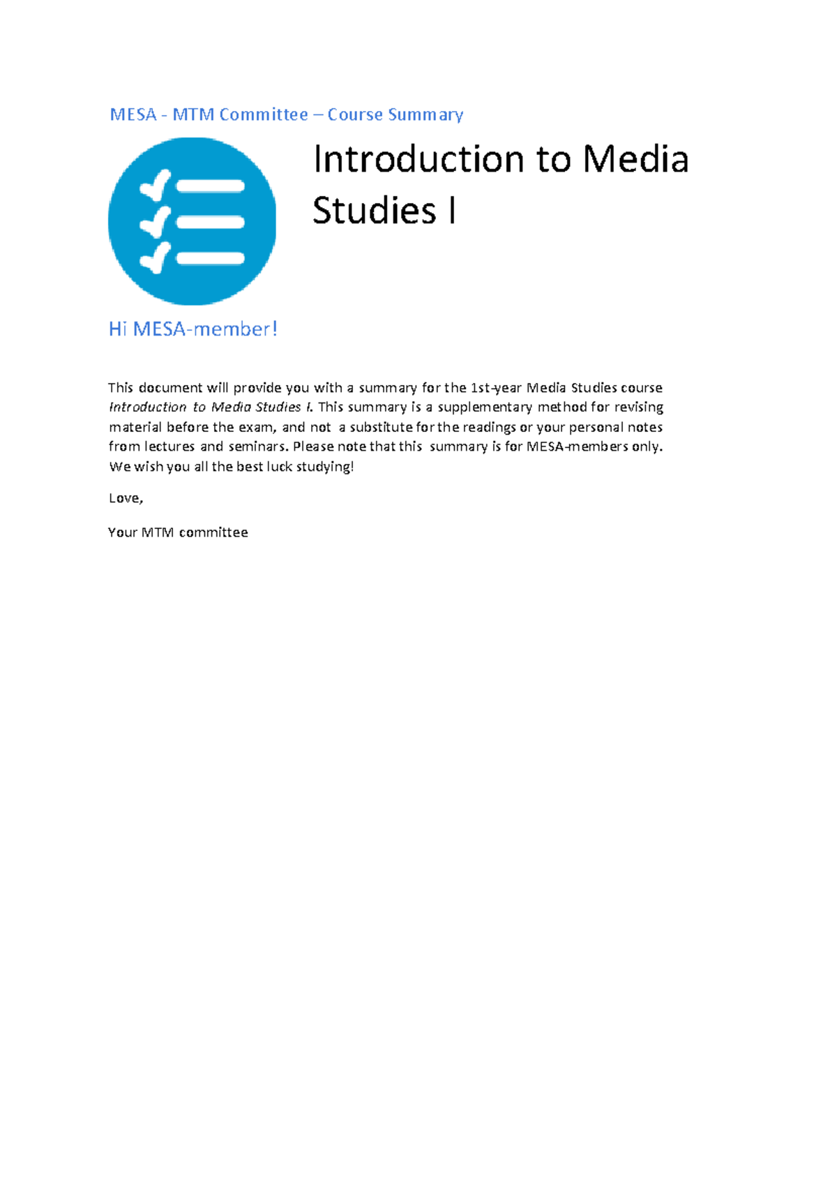 Introduction to Media Studies 1 Summary.docx (1) - MESA - MTM Committee ...