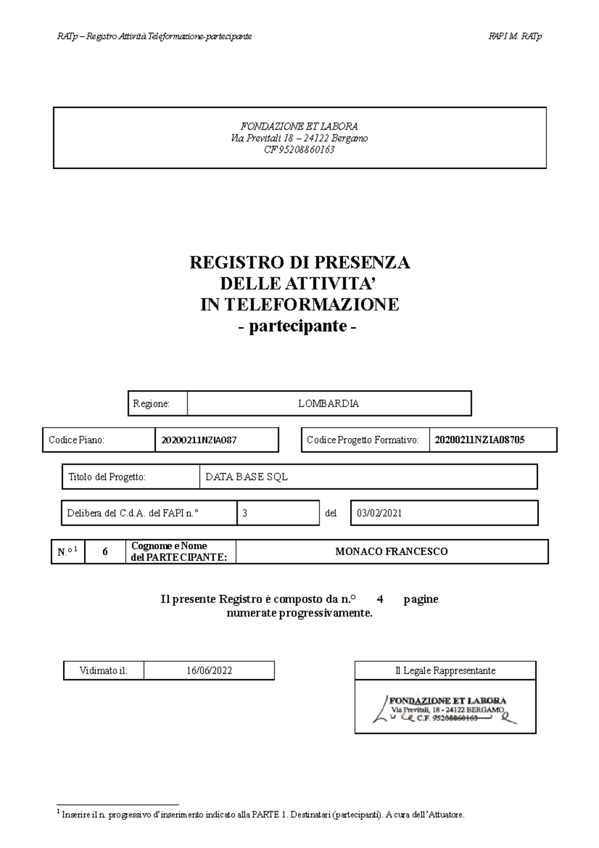 RATp registro fad dip Monaco - FONDAZIONE ET LABORA Via Previtali 18 ...