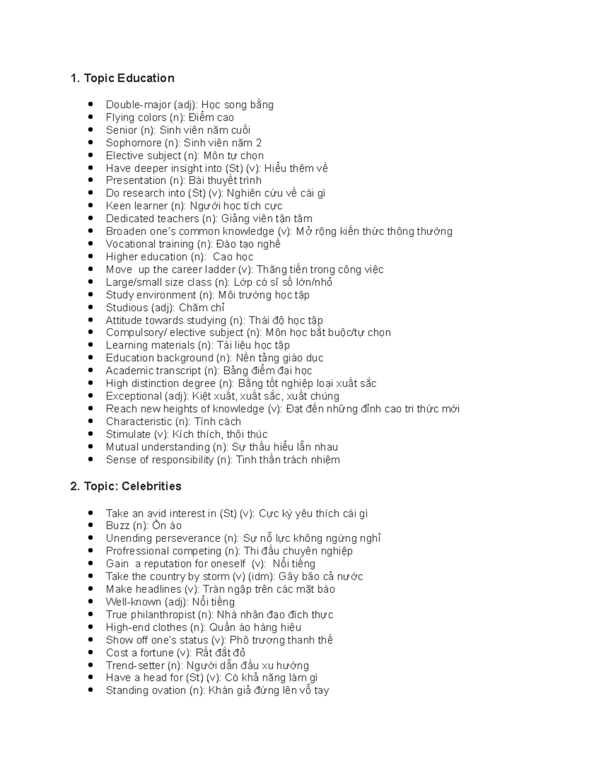 20 topic Ielts - 1. Topic Education Double-major (adj): Học song bằng ...