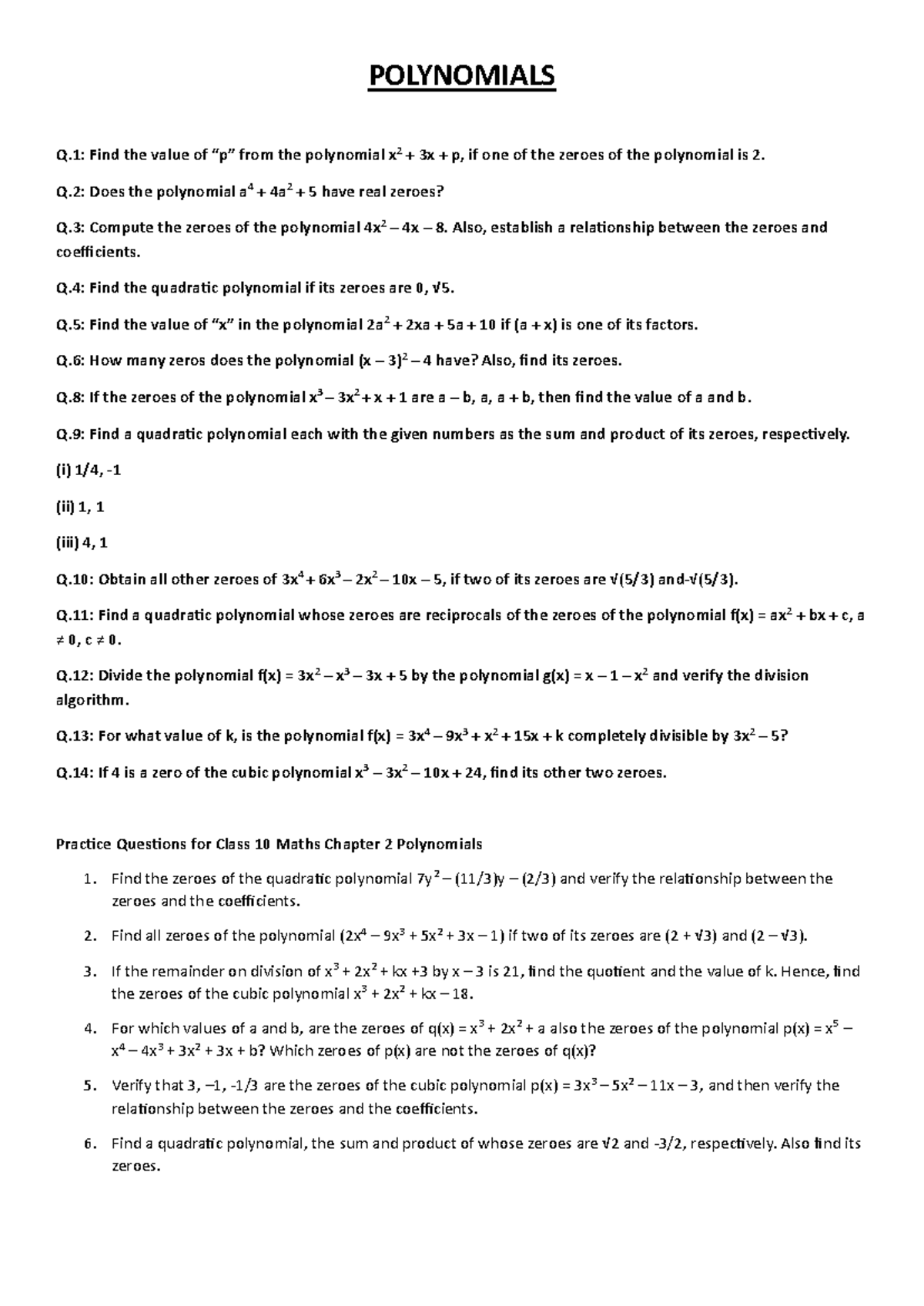 Class 10 - Polynomials - imp questions - POLYNOMIALS Q: Find the value ...