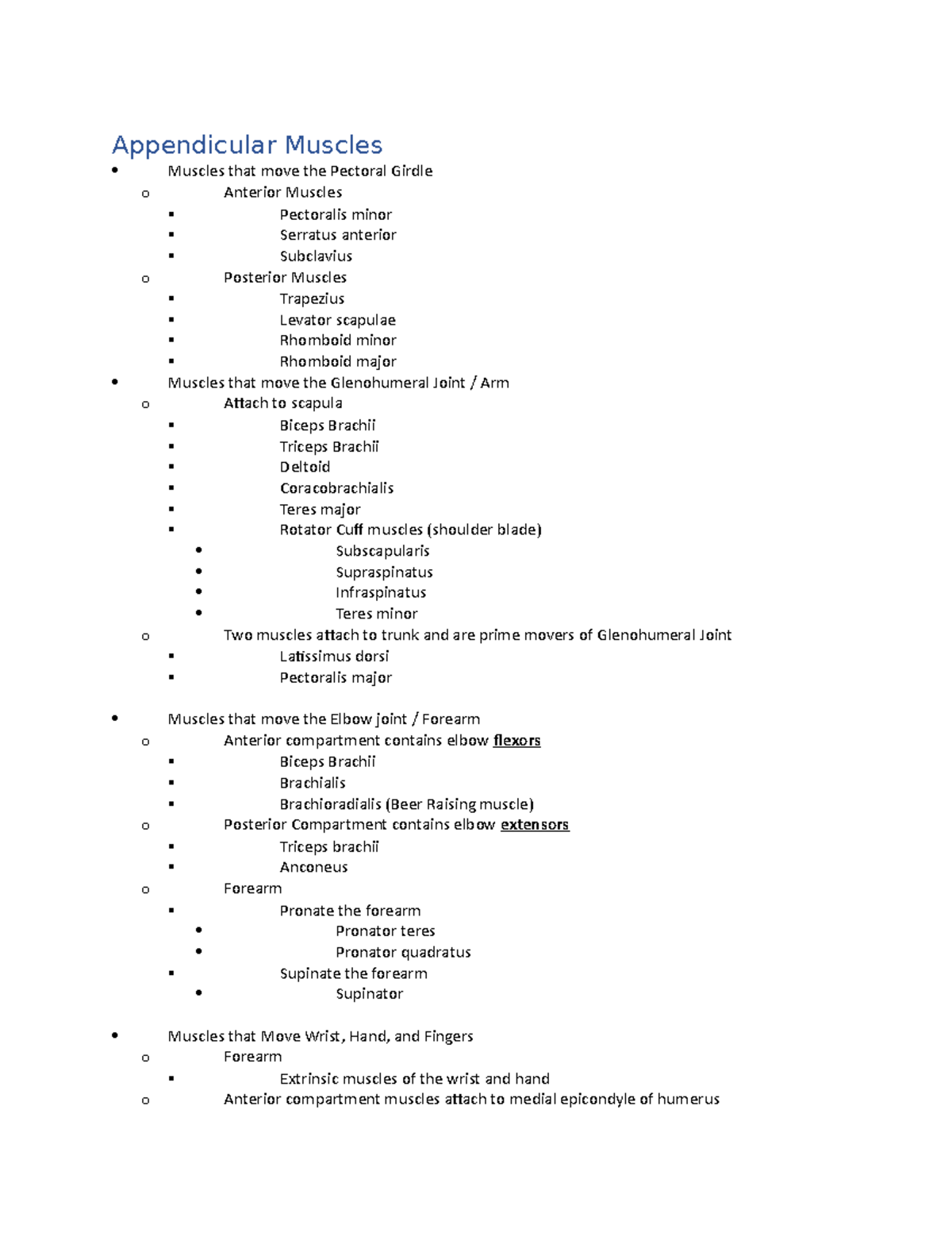 Appendicular Muscles - Lecture notes 12 - Appendicular Muscles Muscles ...