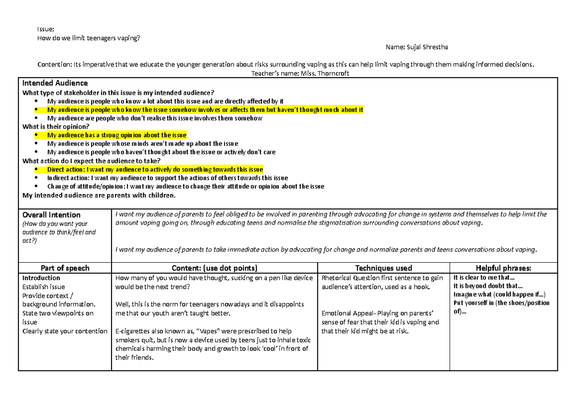 BEST English - Issue: How do we limit teenagers vaping? Name: Sujal ...
