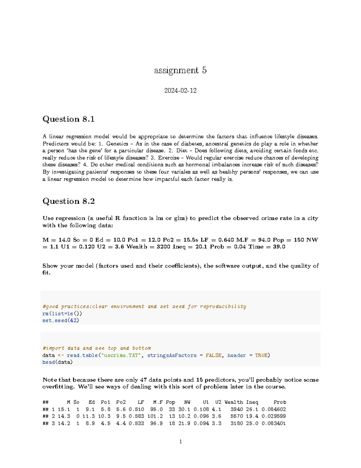 Hw5 - hewhwet - assignment 5 2024-02- Question 8. A linear regression model would be appropriate ...