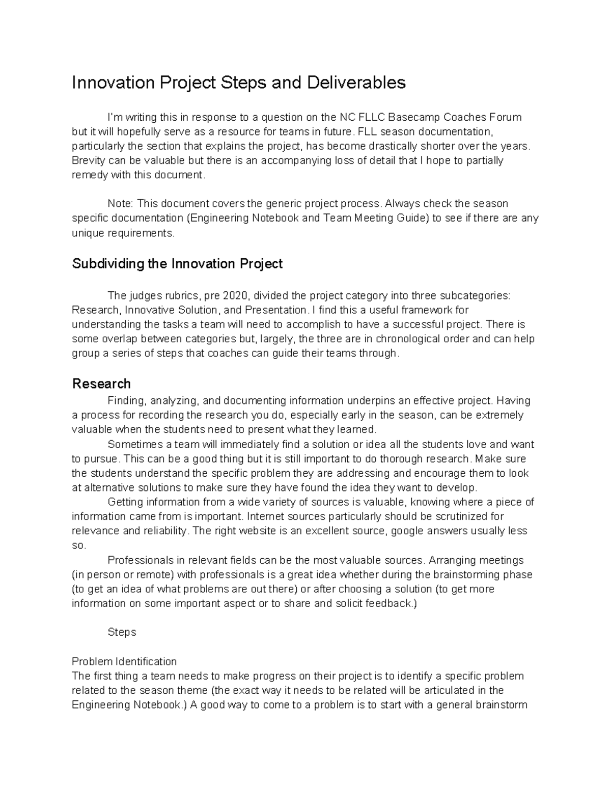 Innovation Project Steps and Deliverables - FLL season documentation ...