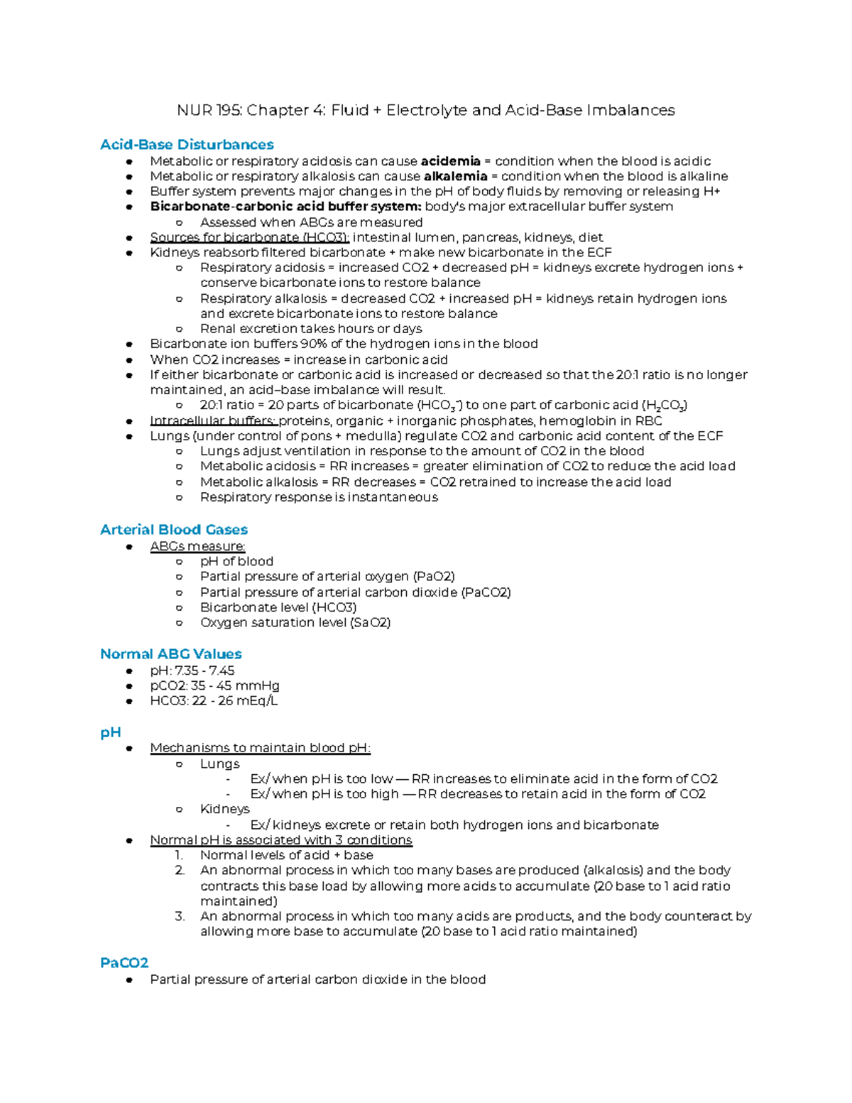 Nursing Chapter 4 Fluid + Electrolyte and Acid-Base Imbalances - NUR ...