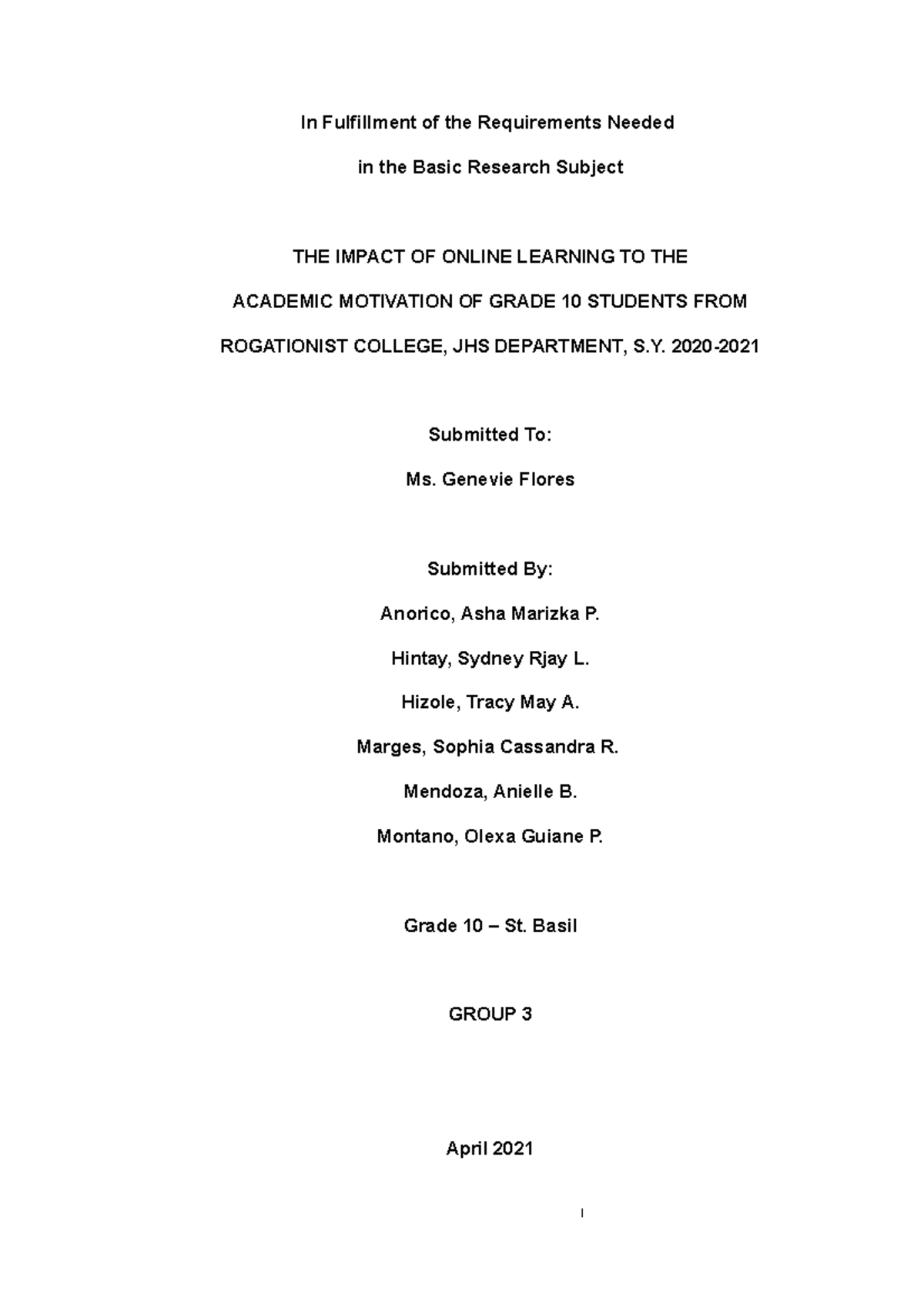 Research Paper Group 3 - In Fulfillment of the Requirements Needed in ...