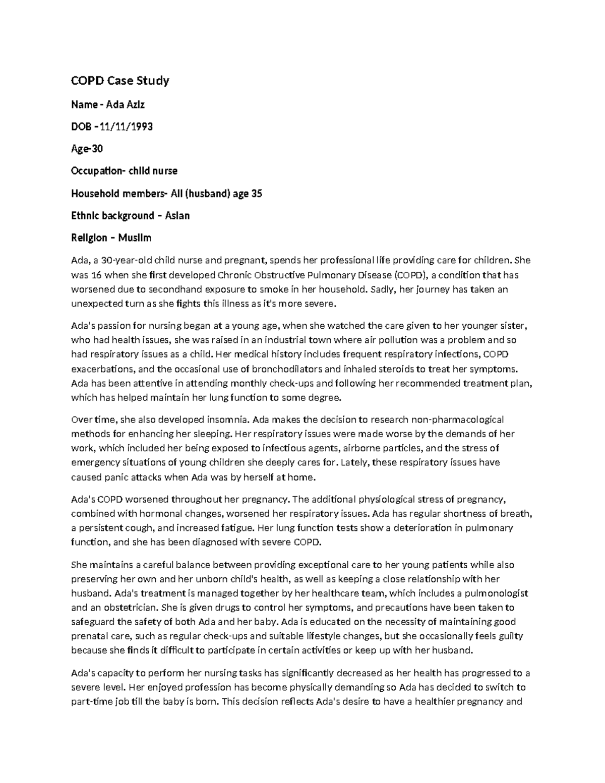 COPD - Case study - COPD Case Study Name - Ada Aziz DOB –11/11/ Age ...